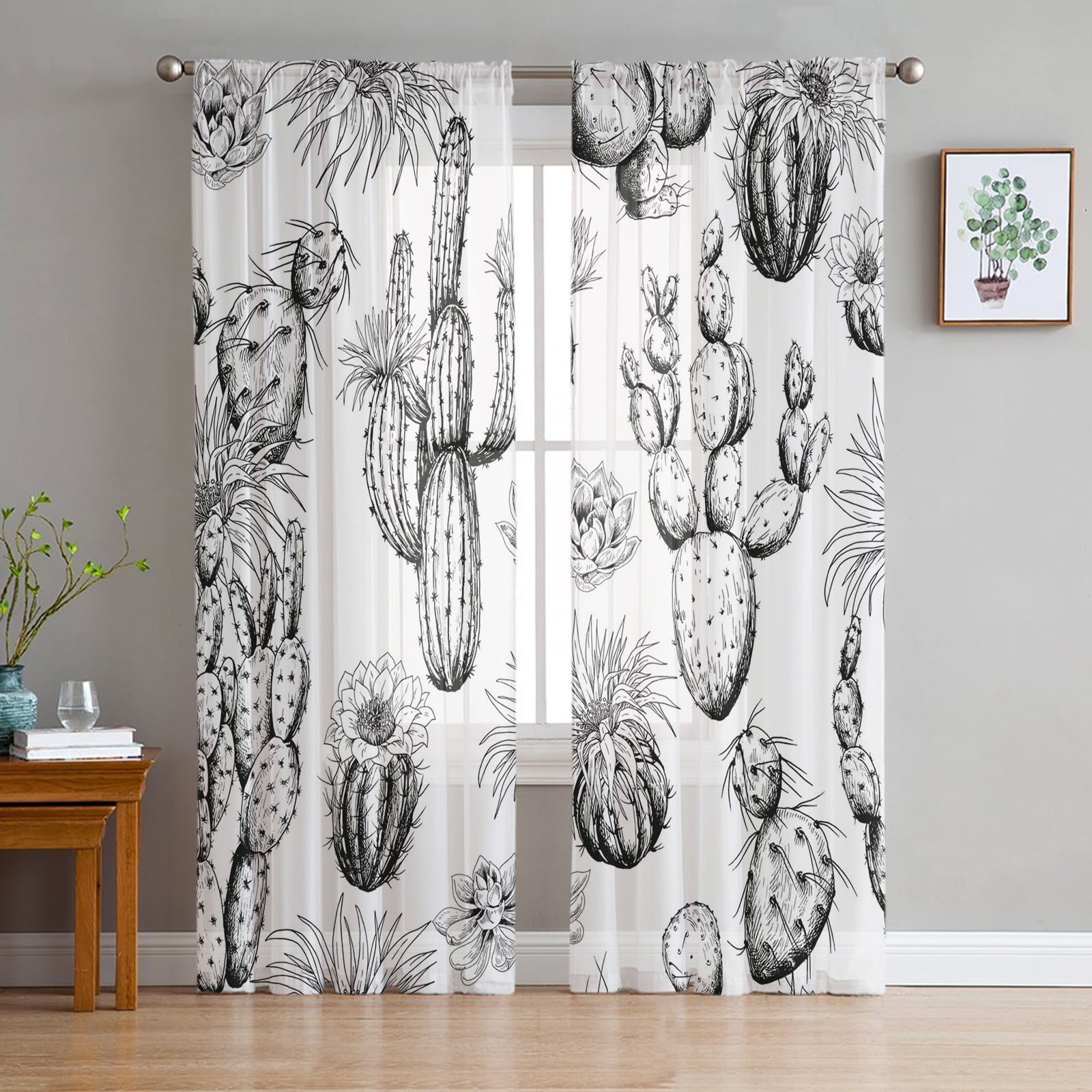 Plant Cute Cactus Window Curtains Bedroom Modern Drape Sheer Tulle ...