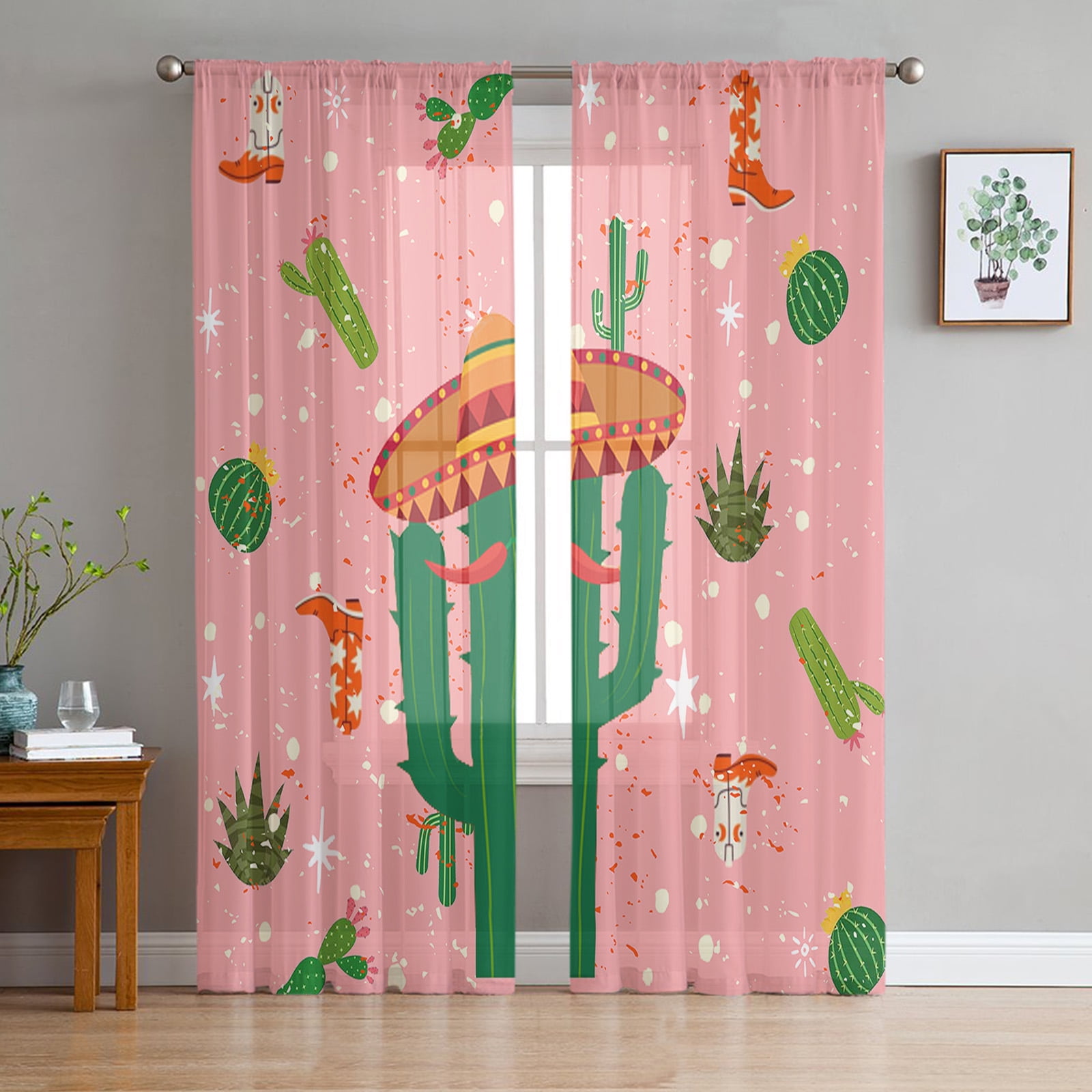 Plant Cute Cactus Window Curtains Bedroom Modern Drape Sheer Tulle ...