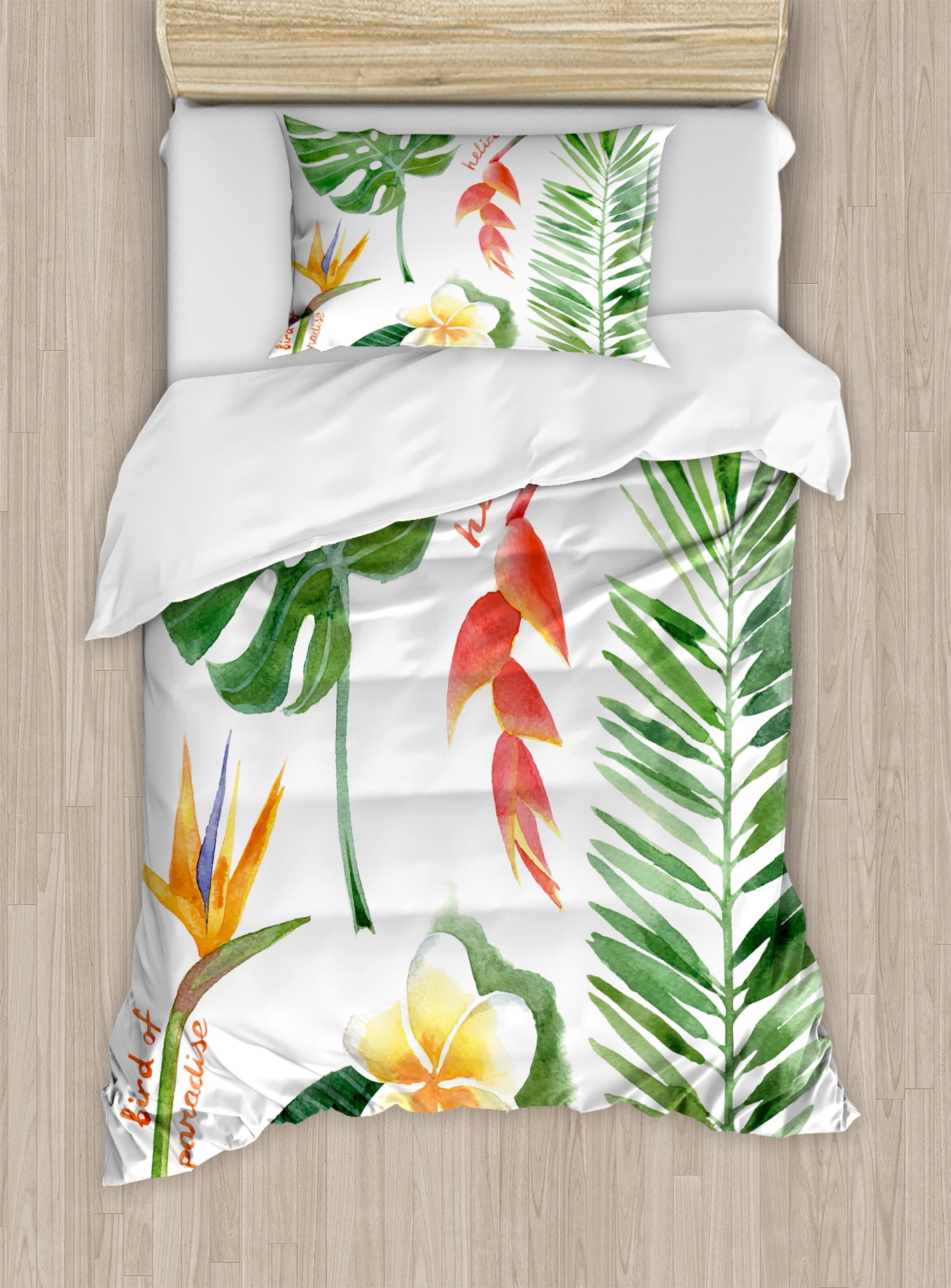 Plant Duvet Cover Set, Bird of Paradise Palm Leaf and Assorted Exotic ...