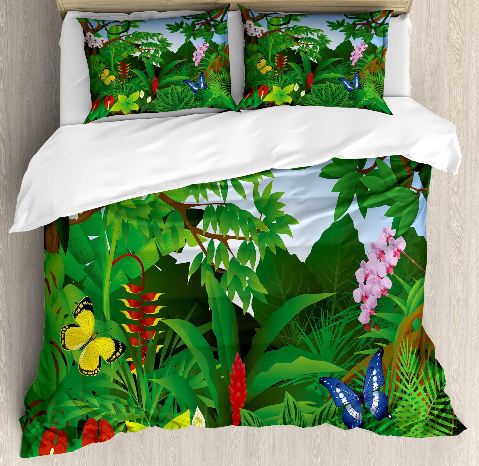 Plant Duvet Cover Set, Cartoon Style Lively Forest with Butterflies ...