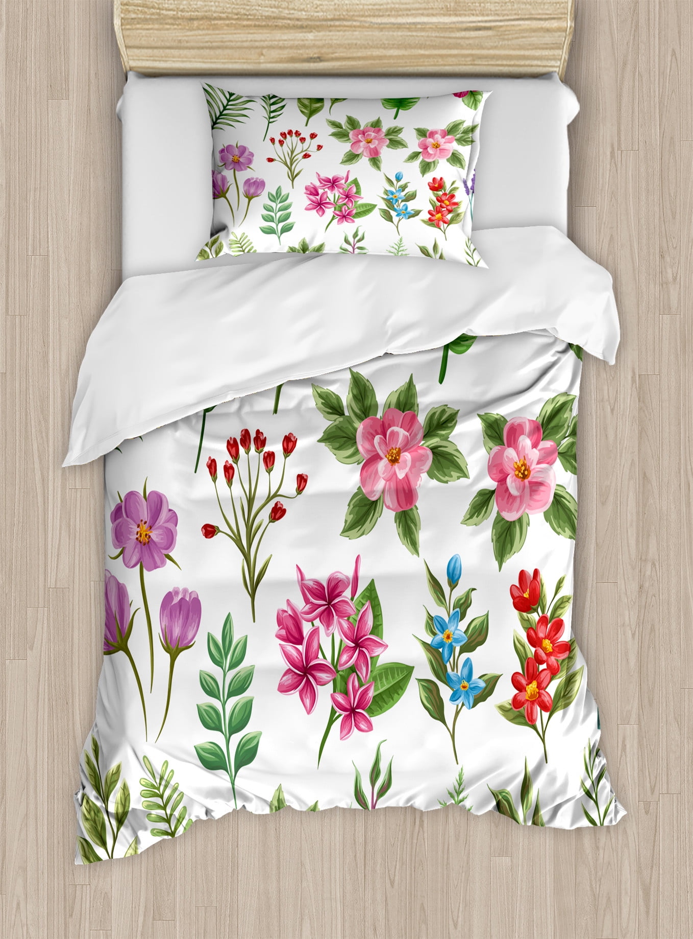 Plant Duvet Cover Set, Exotic Flowers and Ferns Botanical Elements ...