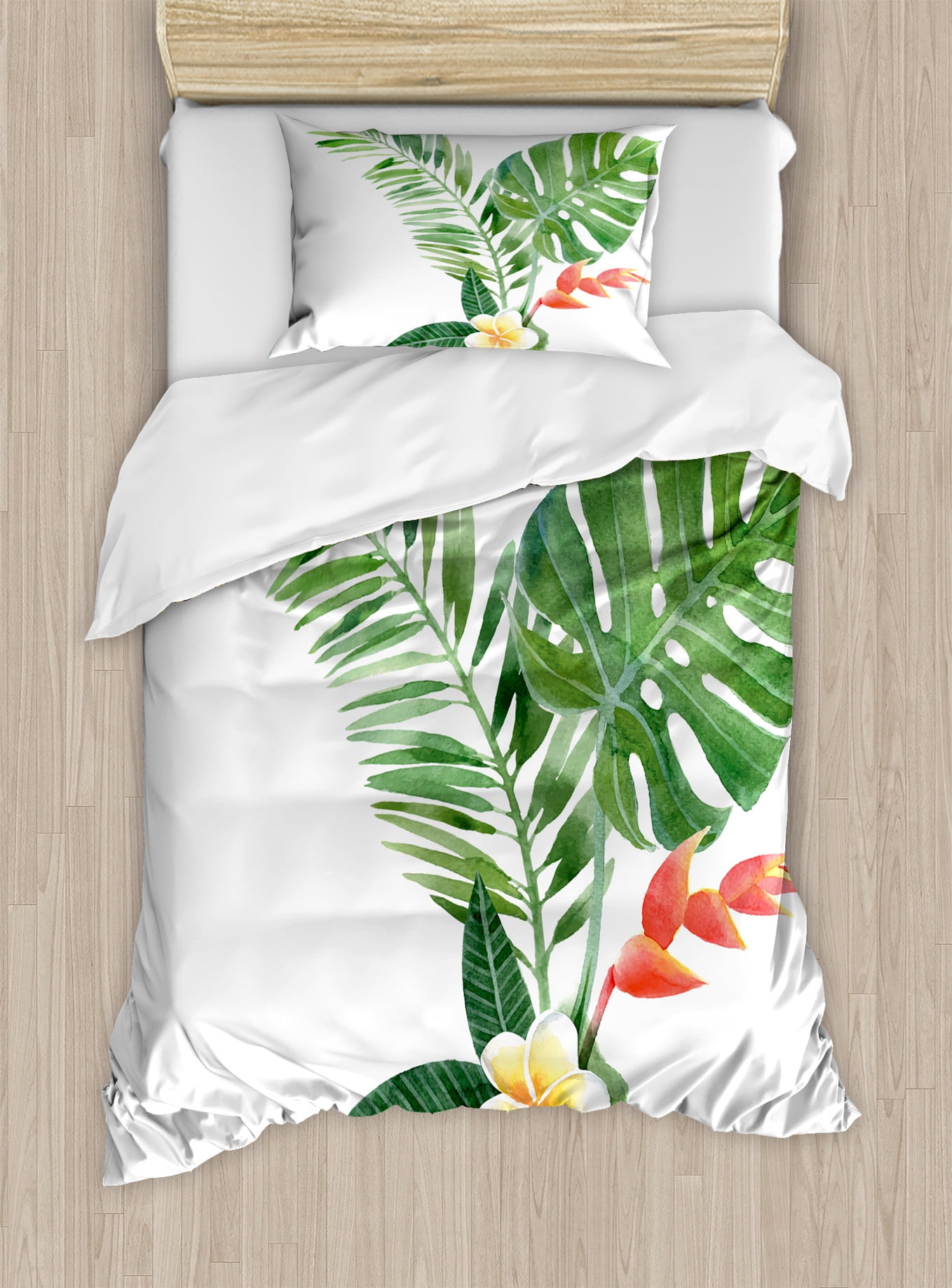 Plant Duvet Cover Set, Frangipani Blooming on Tropical Fern Exotic Art ...