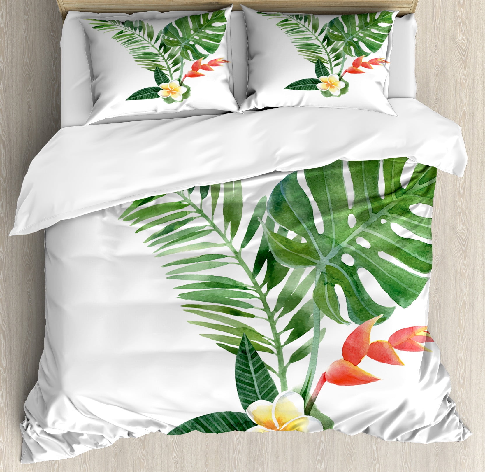 Plant Duvet Cover Set, Frangipani Blooming on Tropical Fern Exotic Art ...