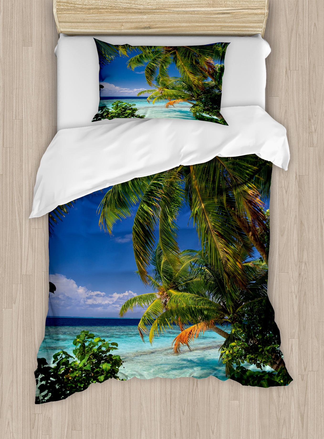 Plant Duvet Cover Set, Tropical Paradise at Maldives with Palms Blue ...