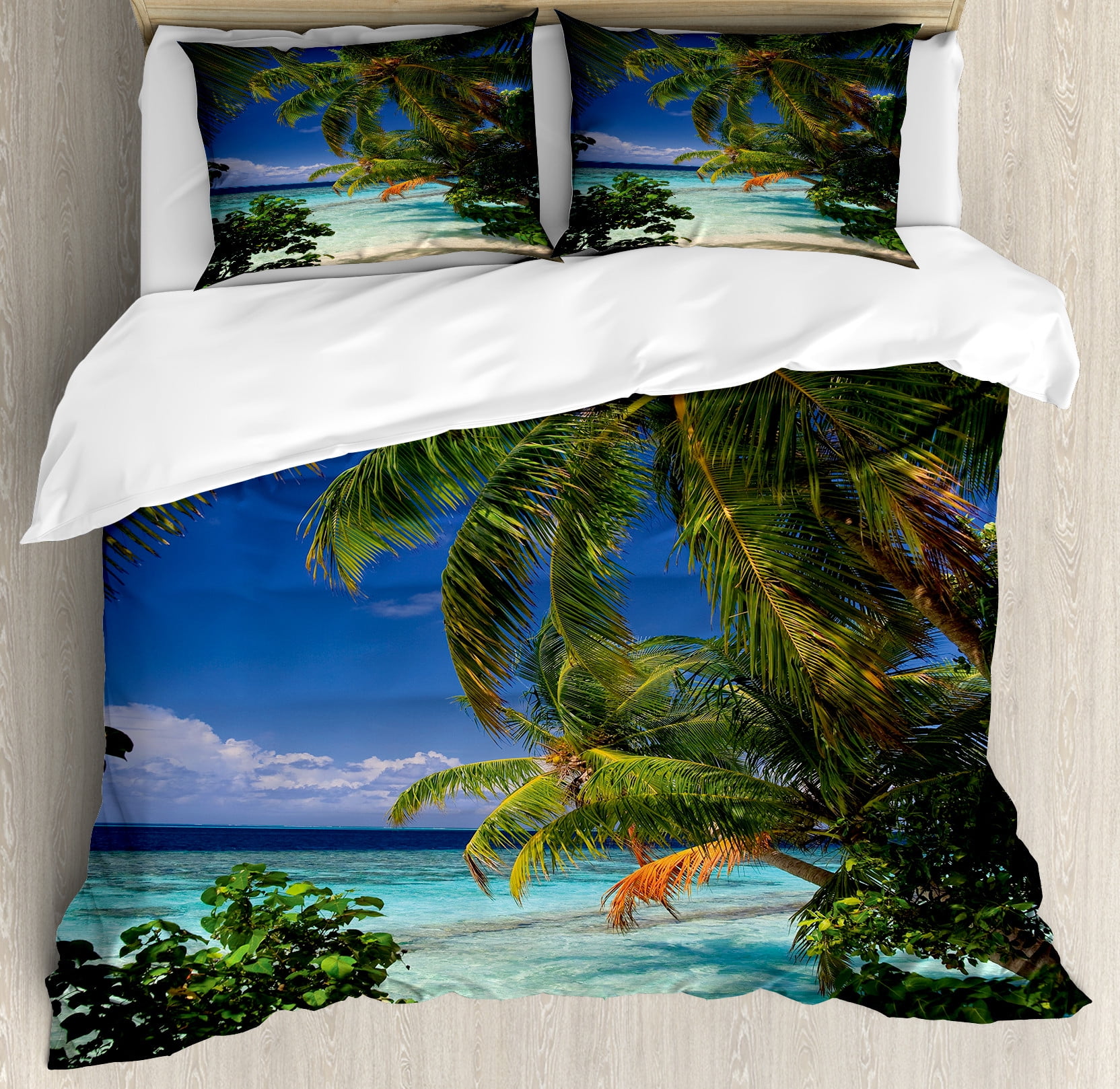 Plant Duvet Cover Set, Tropical Paradise at Maldives with Palms Blue ...