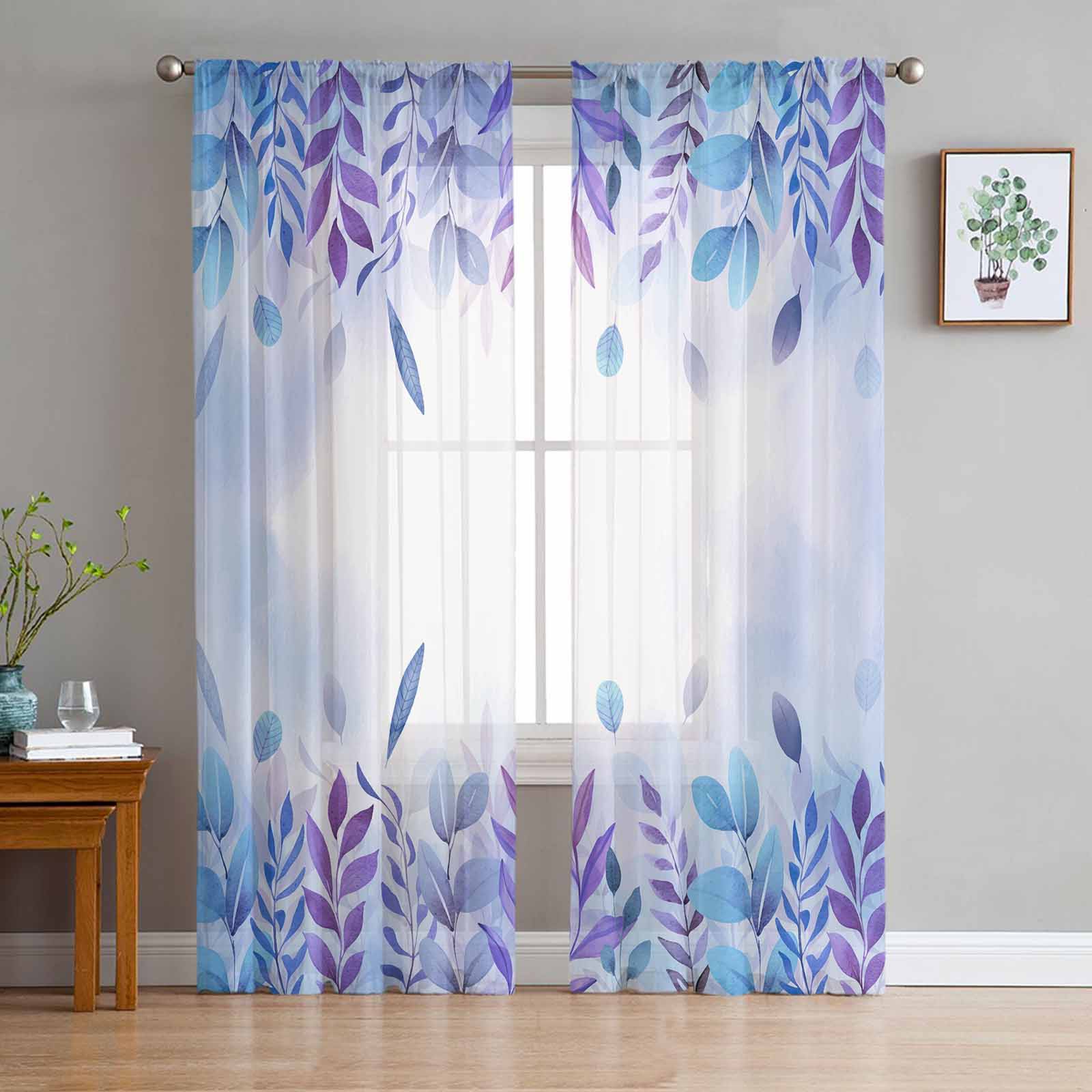 Plant Fallen Leaves Blue Purple Watercolor Dyed Rural Sheer Curtains ...