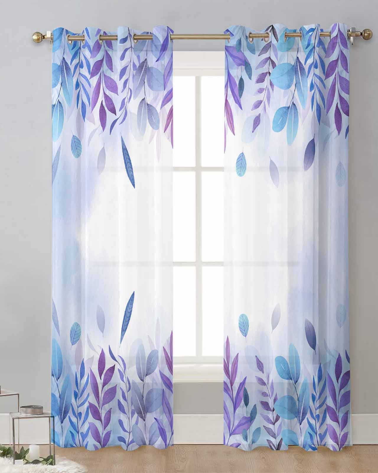 Plant Fallen Leaves Blue Purple Watercolor Dyed Rural Voile Curtain ...