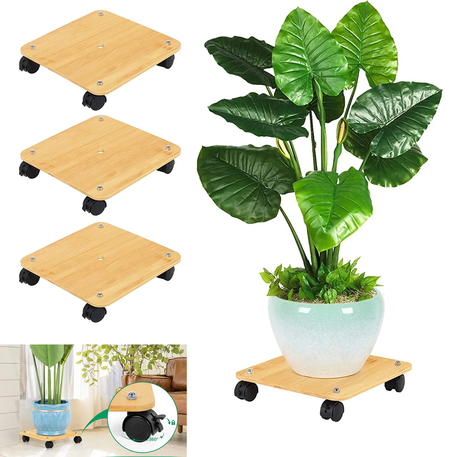 Plant Flower Caddy w/Wheels Lockable Wood Plant Stand Bonsai Rolling ...