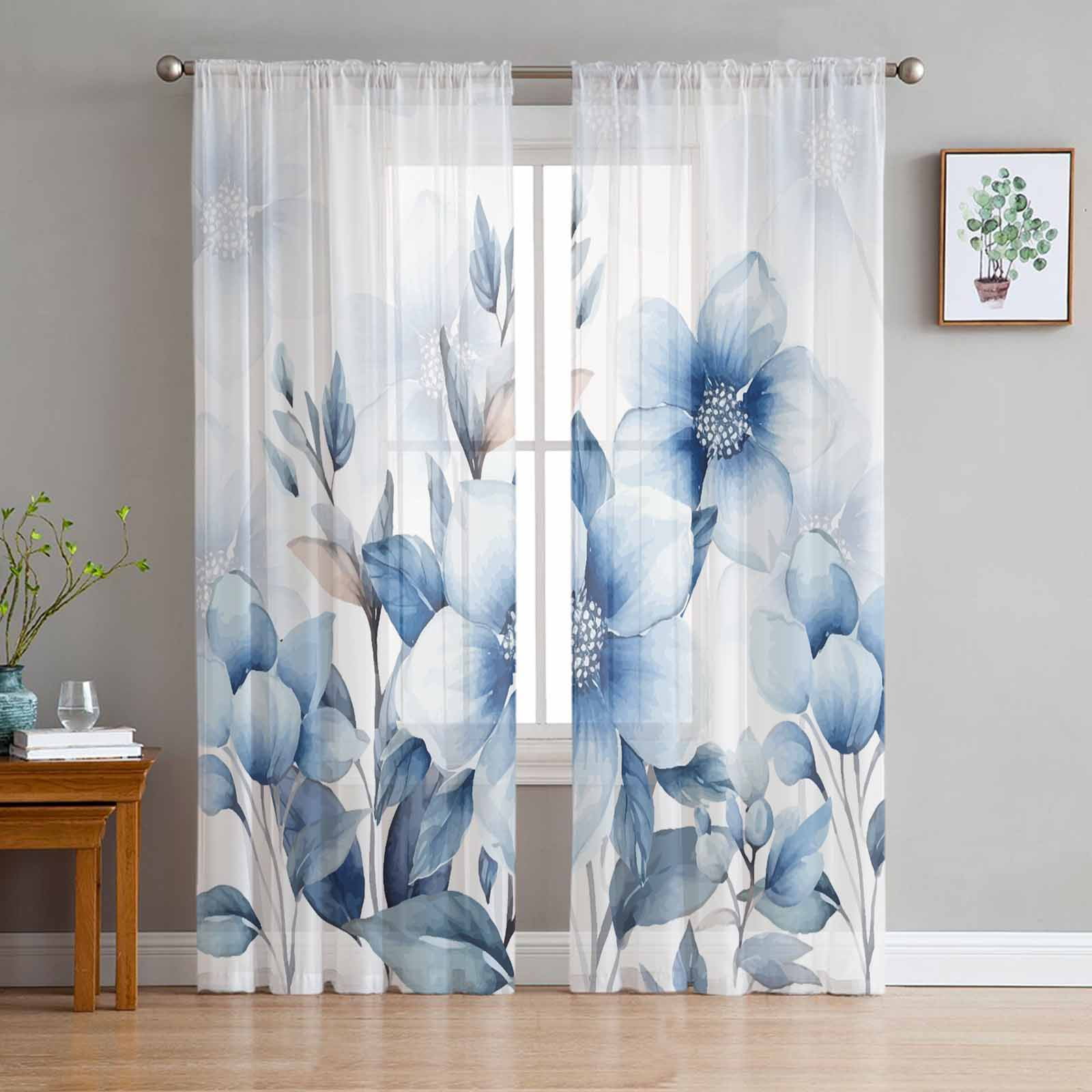 Plant Flower Grass Colors Watercolor Tulle Sheer Curtains for Living ...