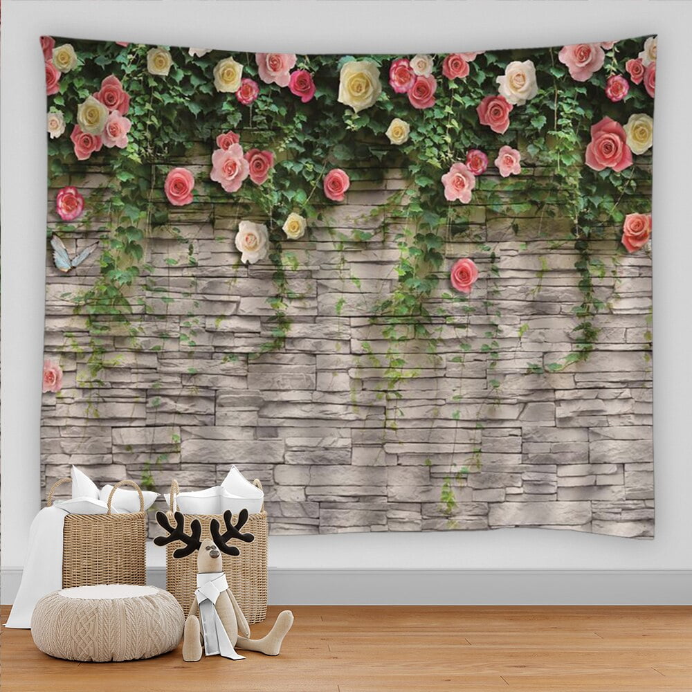 Plant Flower On Stone Wall Tapestry Wall Hanging Farmhouse Decor Large ...