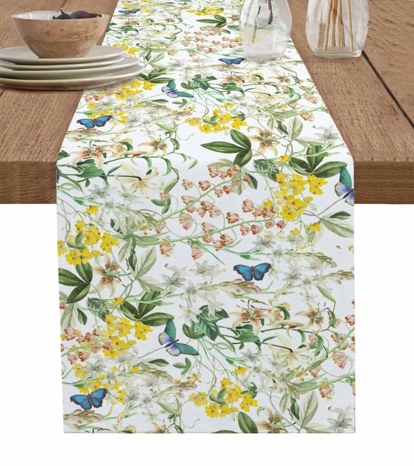 Plant Flowers Leaves Butterfly Table Runner Wedding Decor Table Runner ...