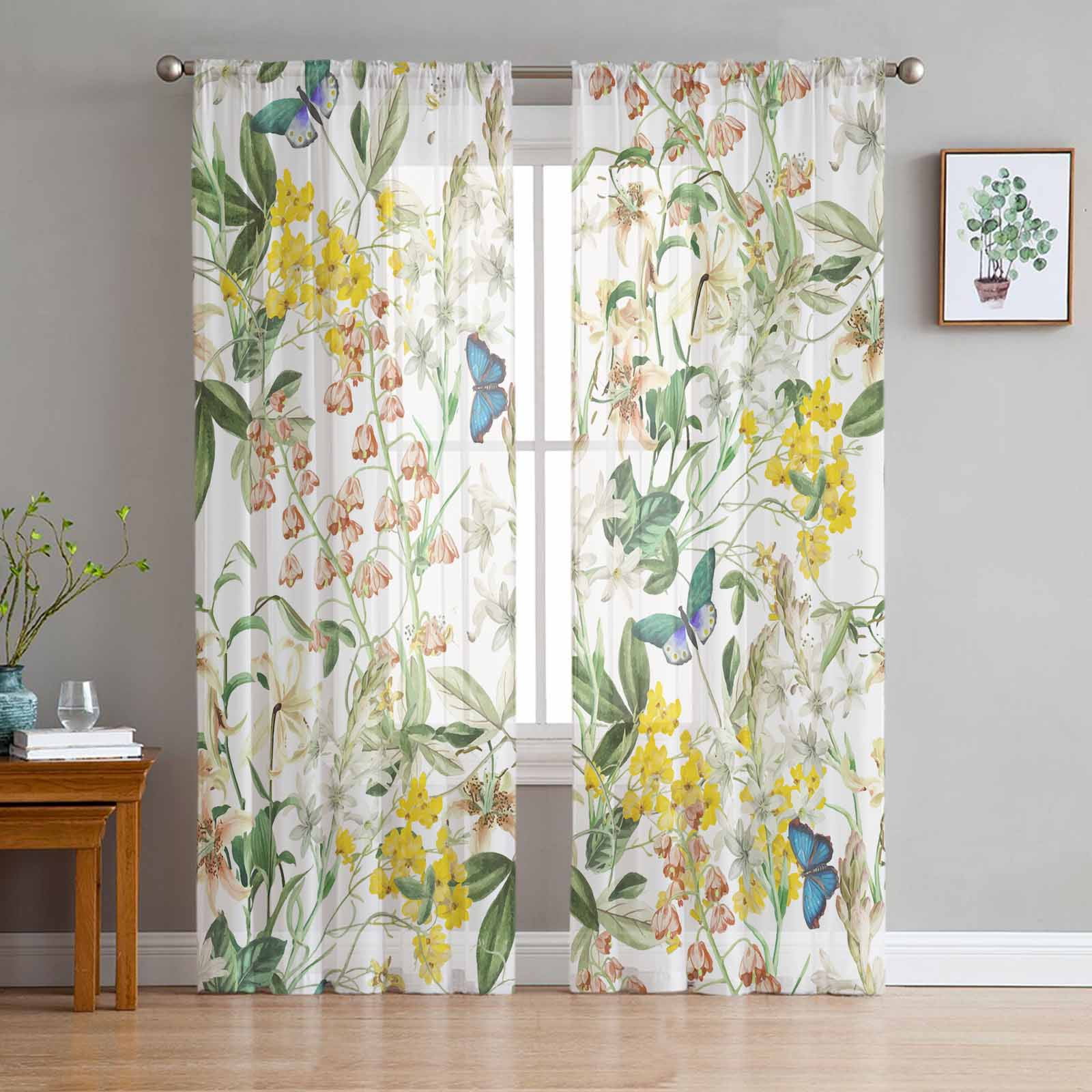 Plant Flowers Leaves Butterfly Tulle Curtains for Living Room Bedroom ...