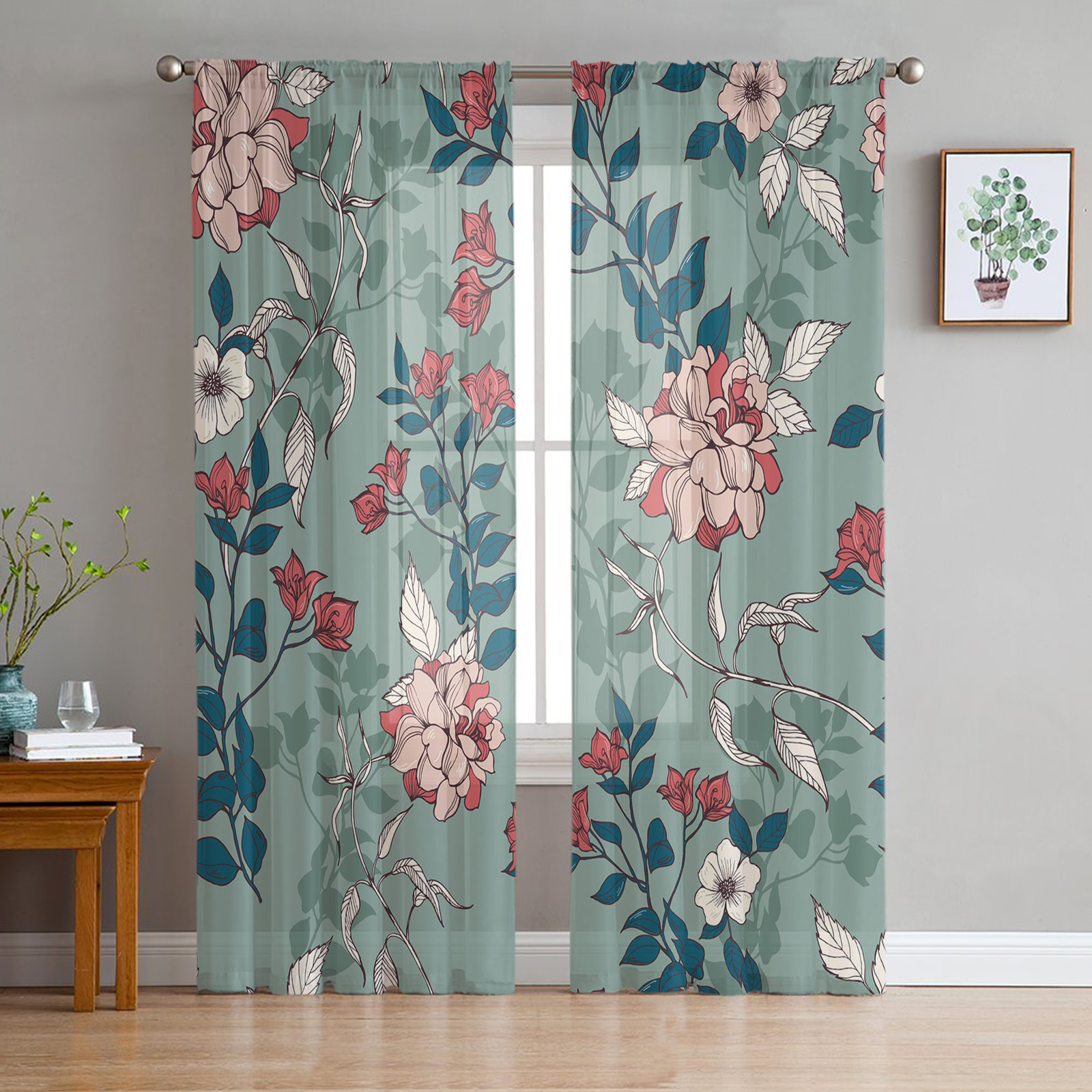 Plant Flowers Leaves Tulle Sheer Window Curtains for Living Room the ...