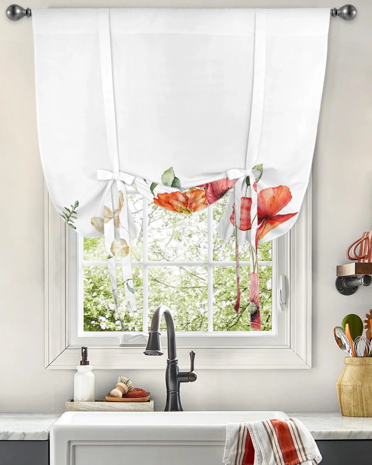 Plant Flowers Poppy Window Curtain for Living Room Kitchen Tie-up Roman ...