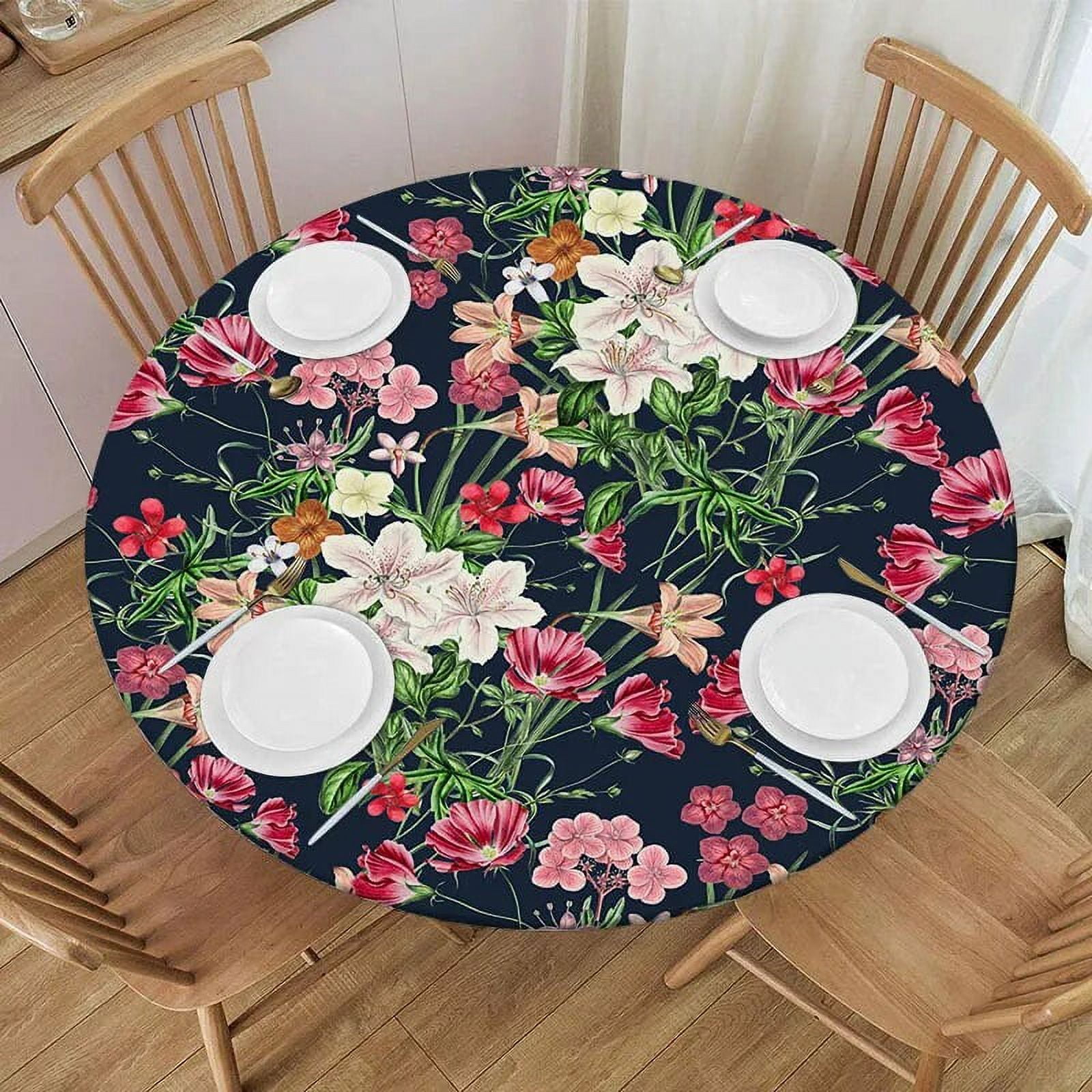 Plant Flowers Round Fitted Tablecloth Leaf Florl Birds Elastic Edged ...
