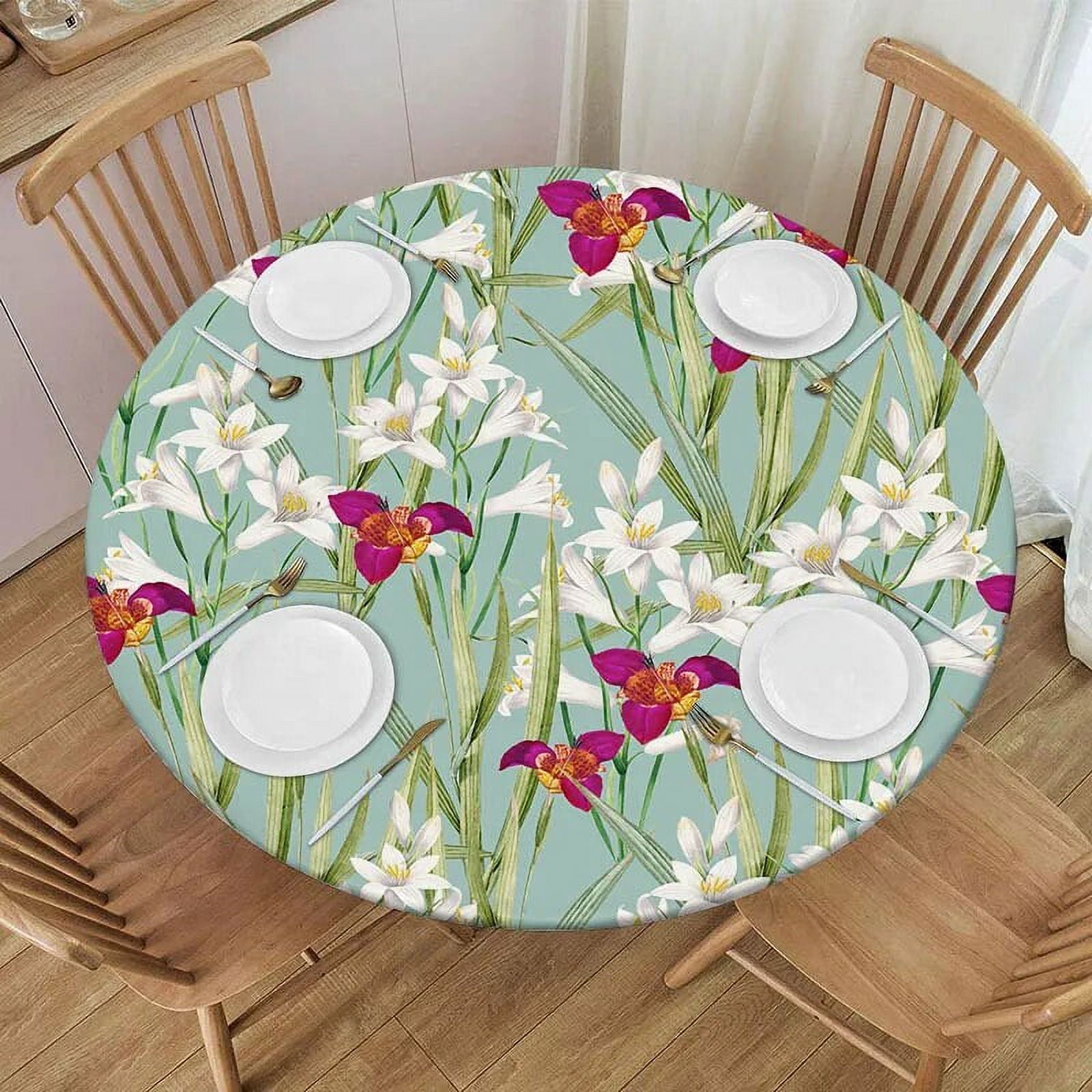 Plant Flowers Round Fitted Tablecloth Leaf Florl Birds Elastic Edged ...