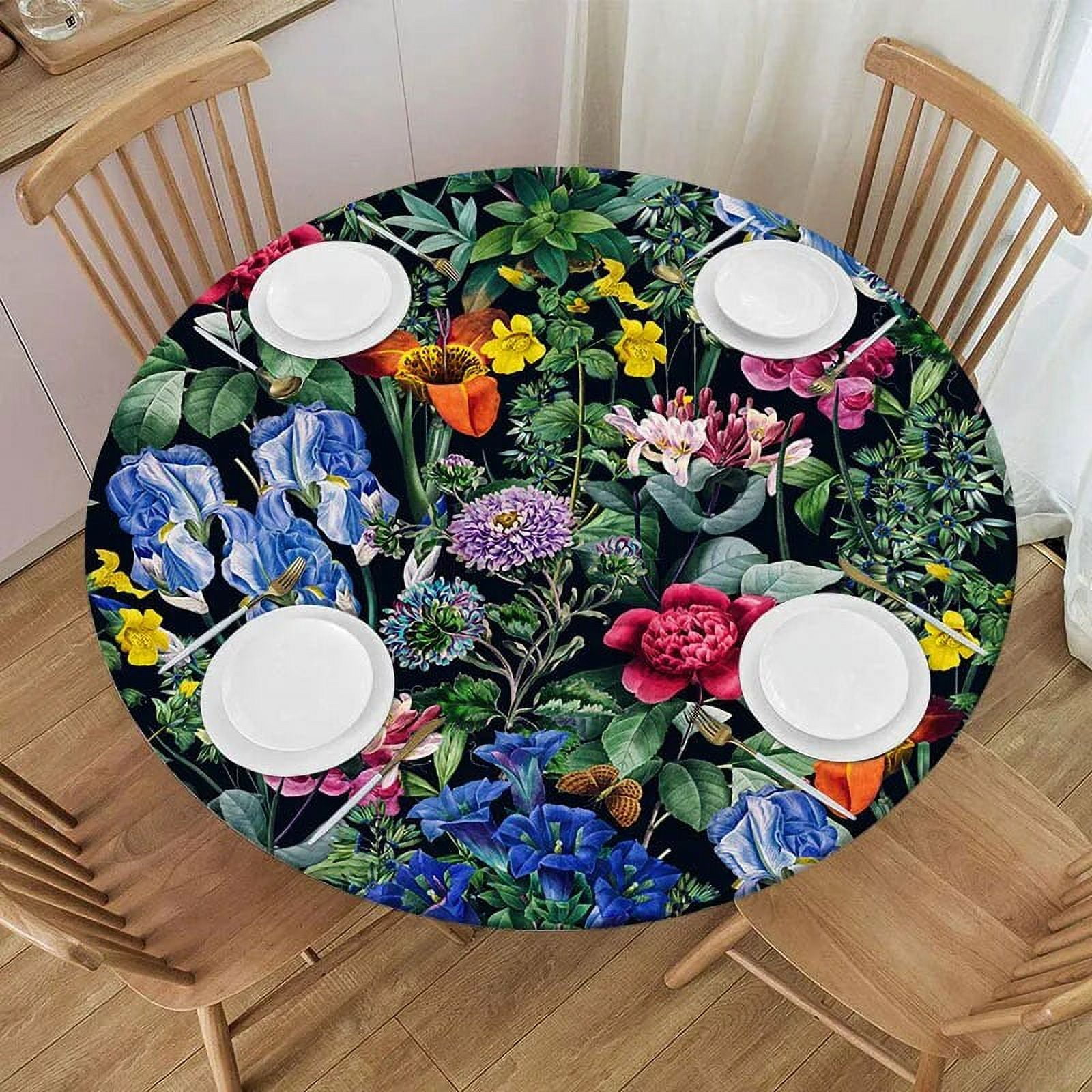 Plant Flowers Round Fitted Tablecloth Leaf Florl Birds Elastic Edged ...