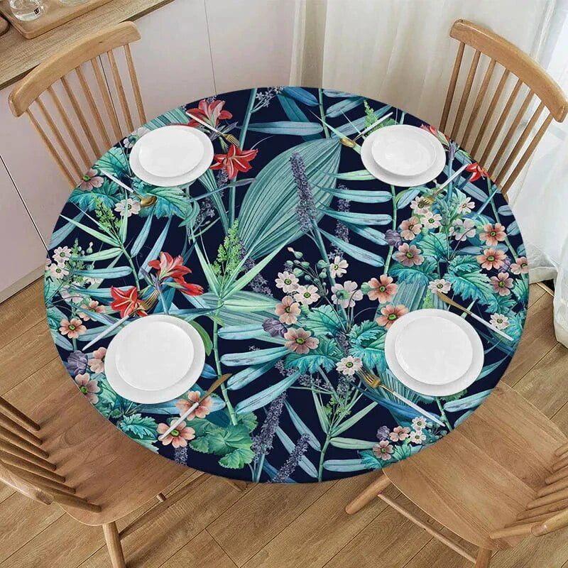 Plant Flowers Round Fitted Tablecloth Leaf Florl Elastic Edged ...