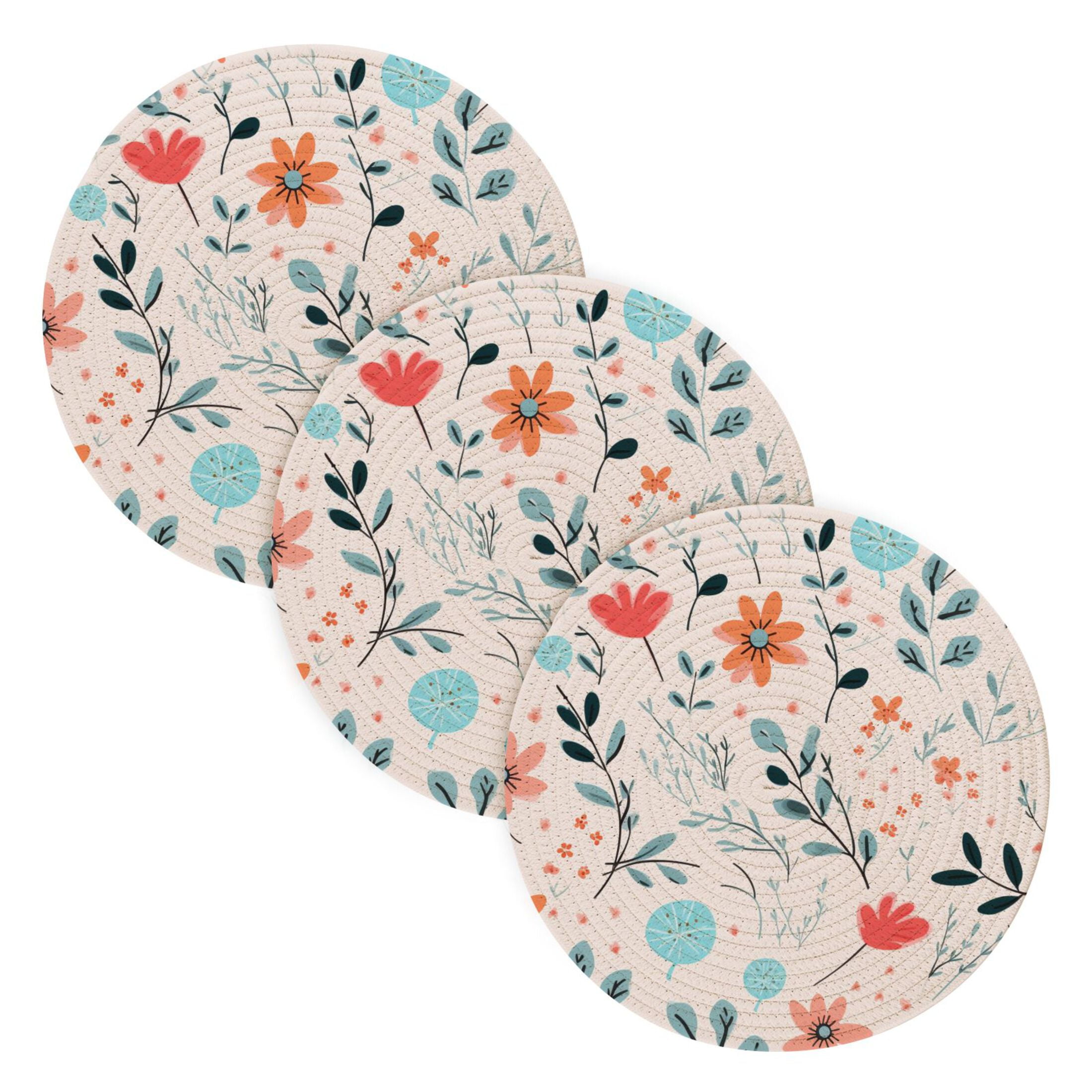 Plant Flowers with Leaves 3 PCs Pot Holders Trivets Kitchen 15" Cotton ...
