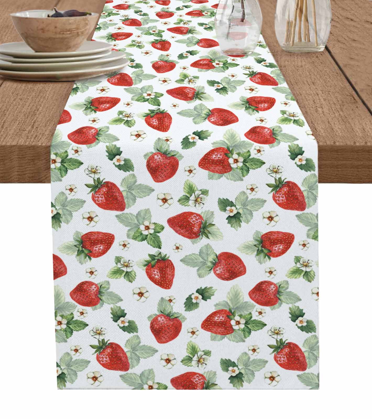 Plant Fruit Strawberry Wood Grain Table Runner Home Wedding Table Flag ...