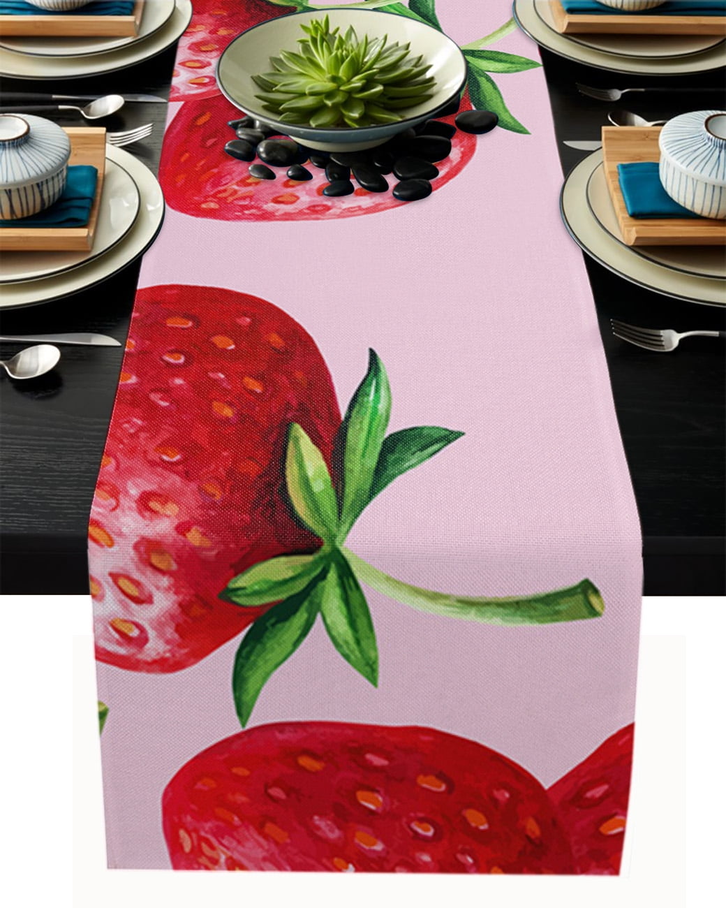 Plant Fruit Strawberry Wood Grain Table Runner Home Wedding Table Flag ...