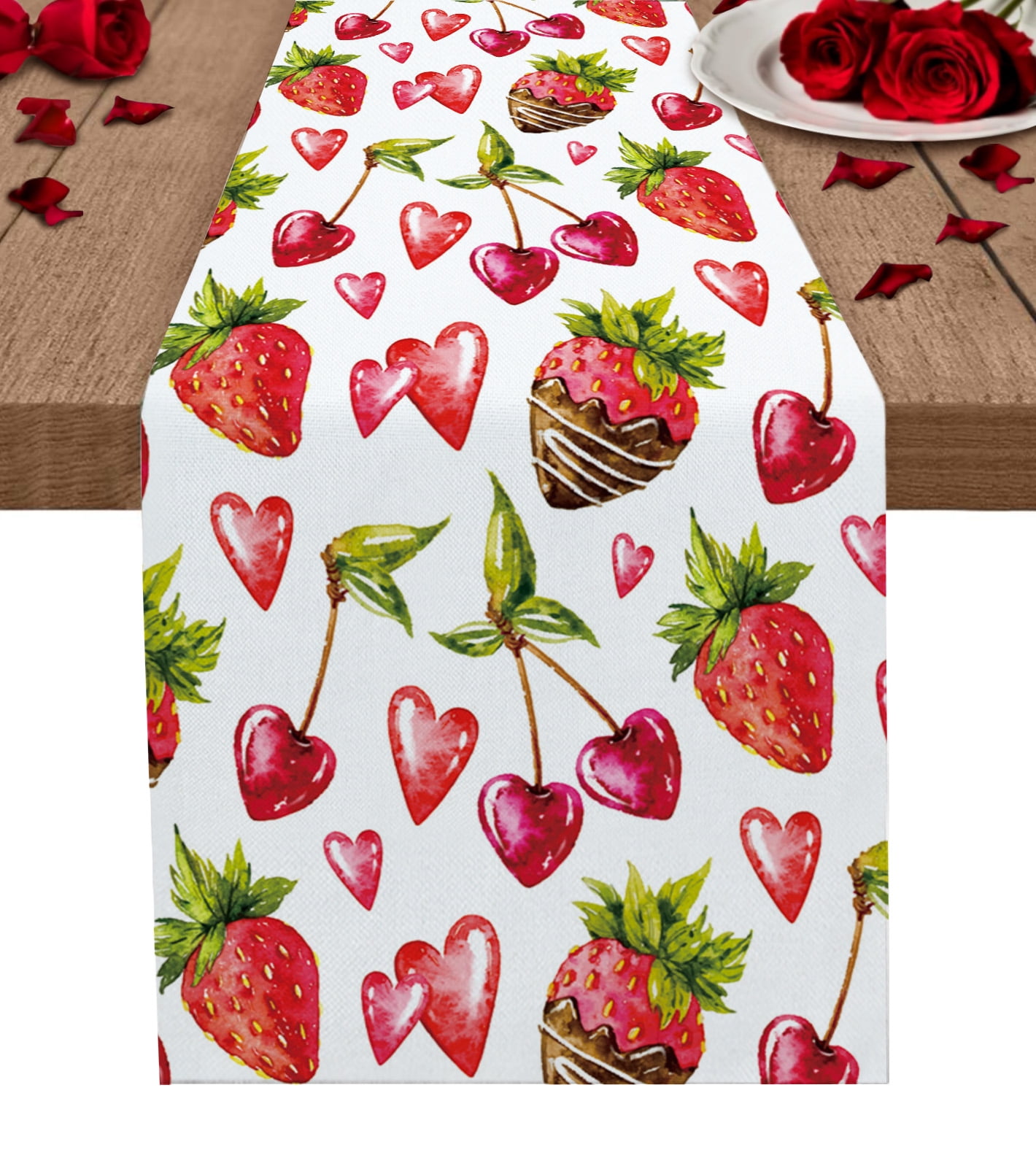 Plant Fruit Strawberry Wood Grain Table Runner Home Wedding Table Flag ...