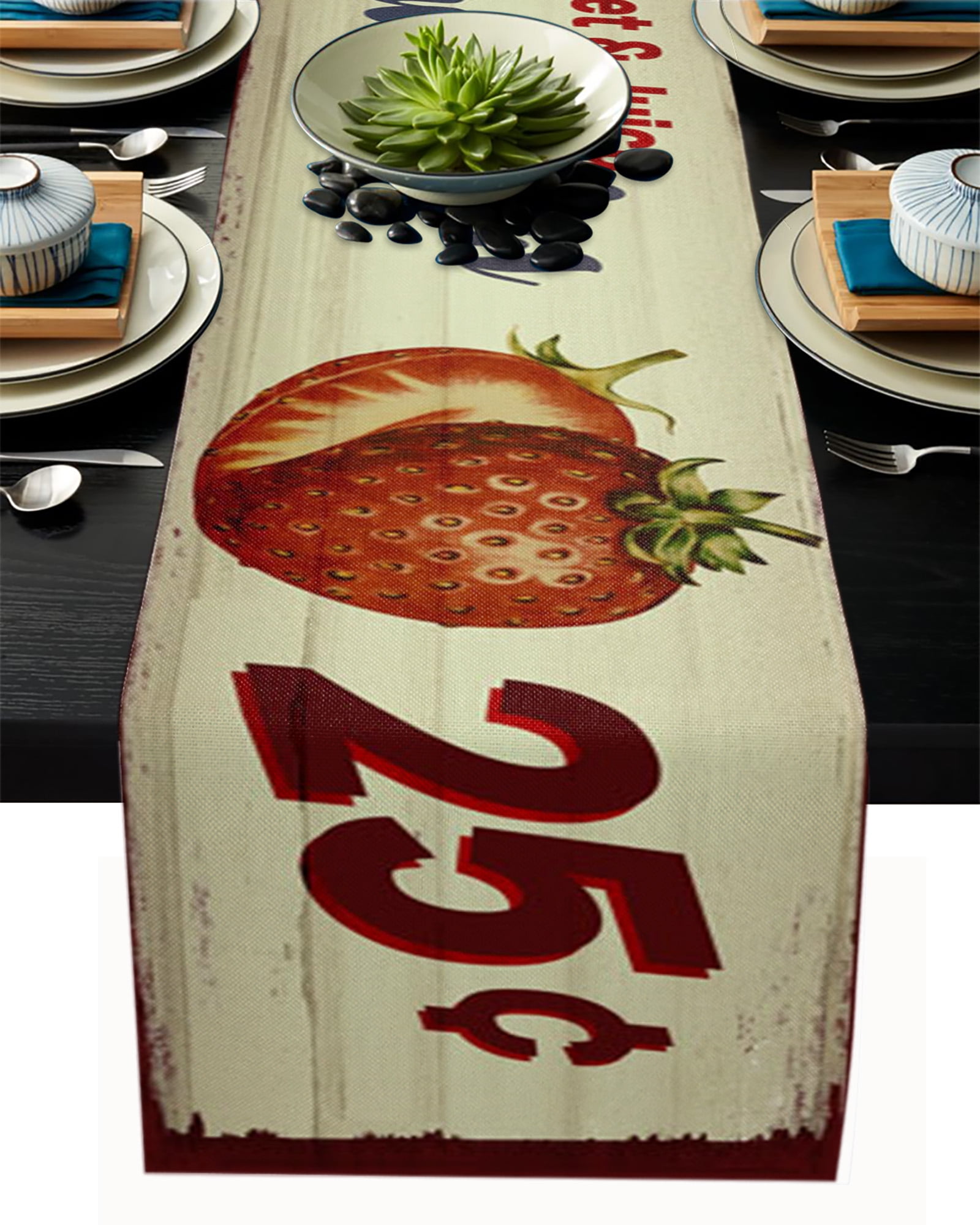 Plant Fruit Strawberry Wood Grain Table Runner Home Wedding Table Flag ...