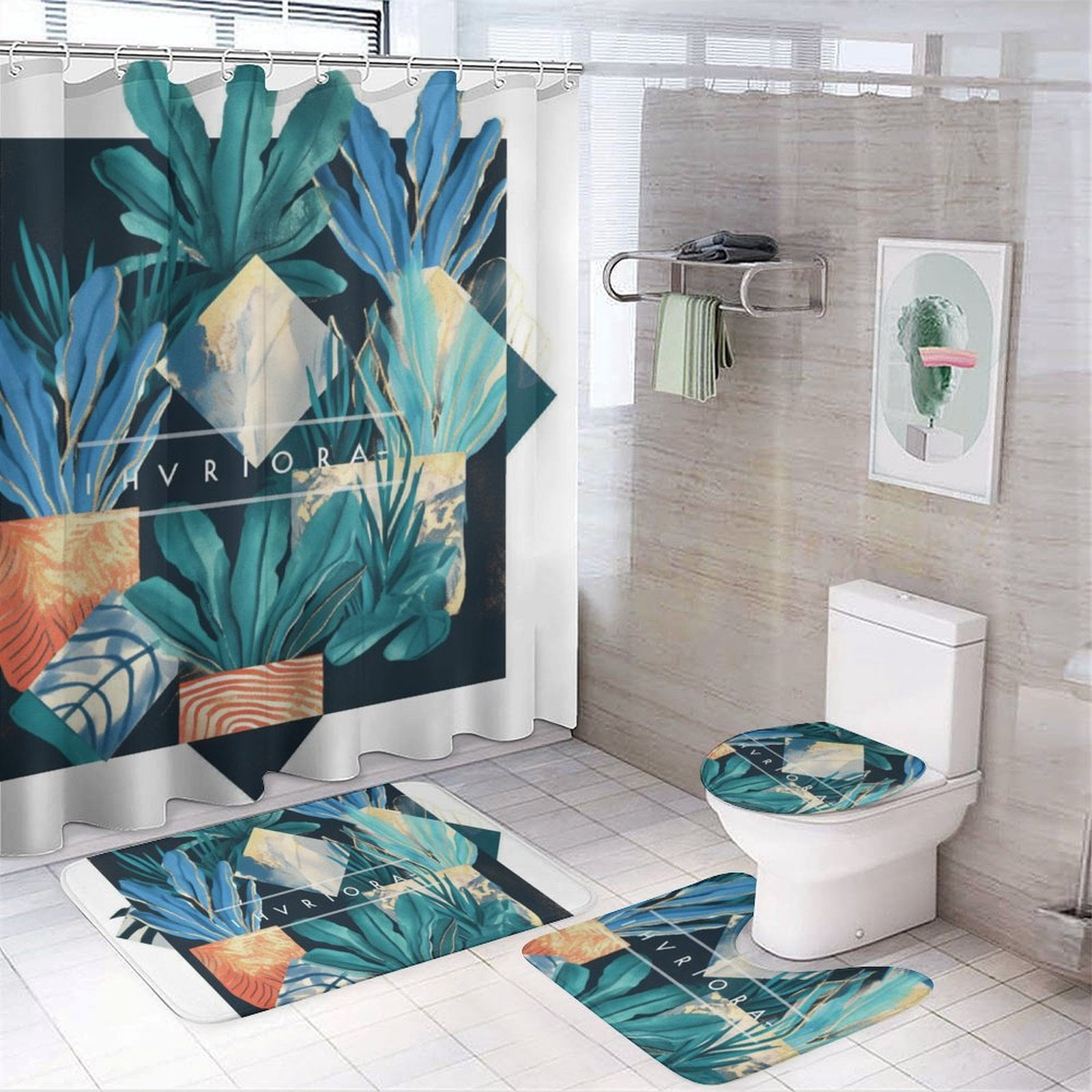 Plant Geometry 4 Pcs Bathroom Shower Curtain Set, Bathroom Sets with ...