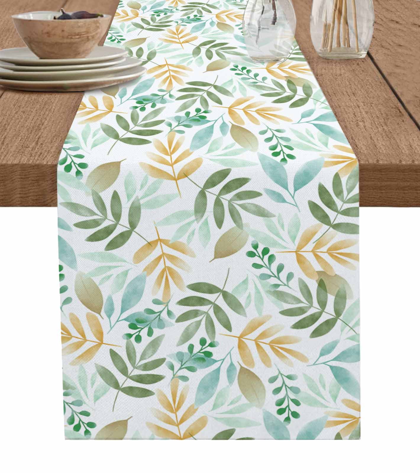 Plant Green Forest Green Leaves Watercolor Rural Grain Table Runner ...