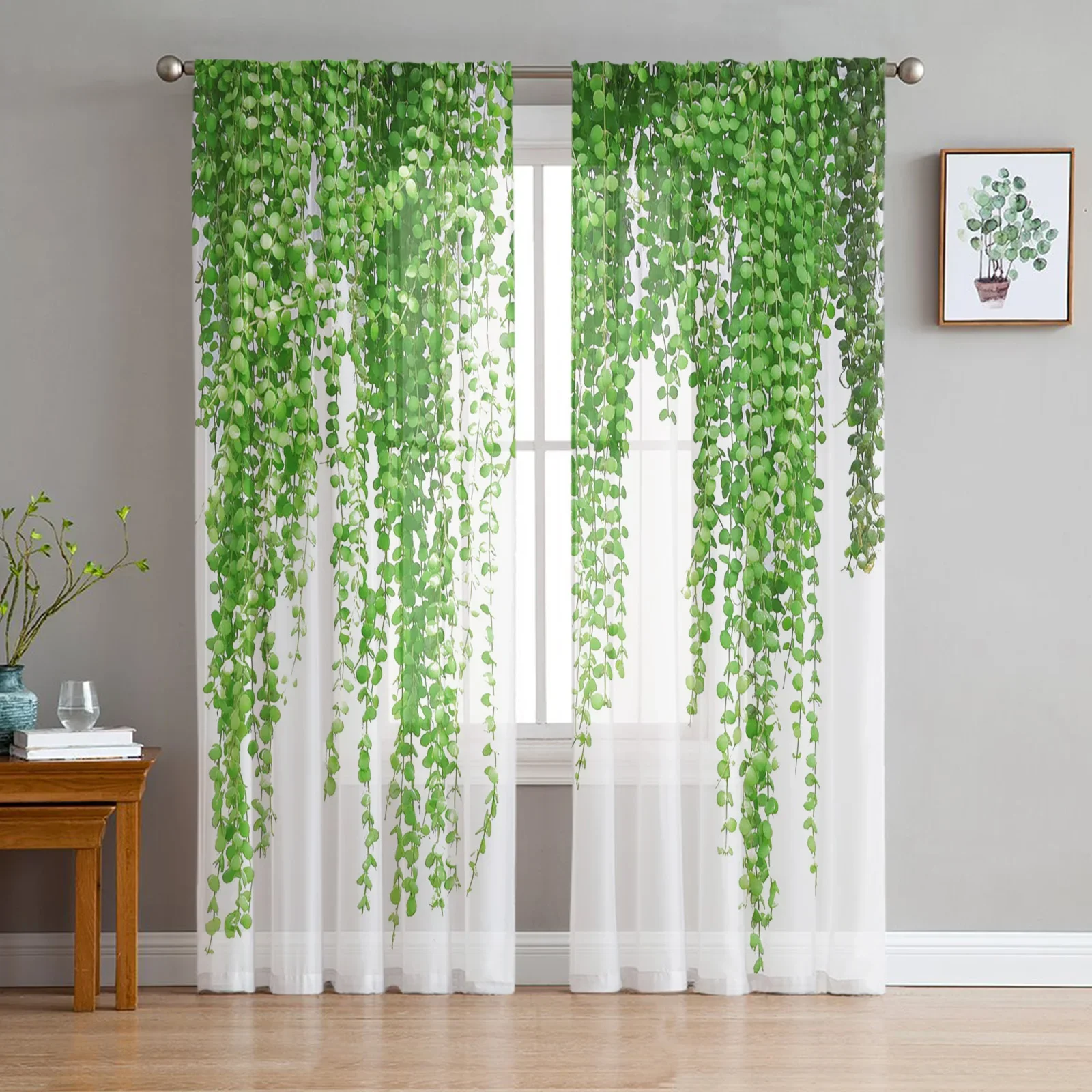 Plant Green Rattan Leaves Tulle Sheer Window Curtains for Living Room ...