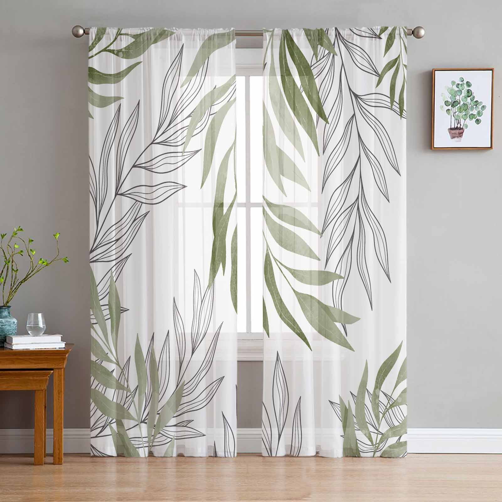 Plant Green Rattan Leaves Tulle Sheer Window Curtains for Living Room ...