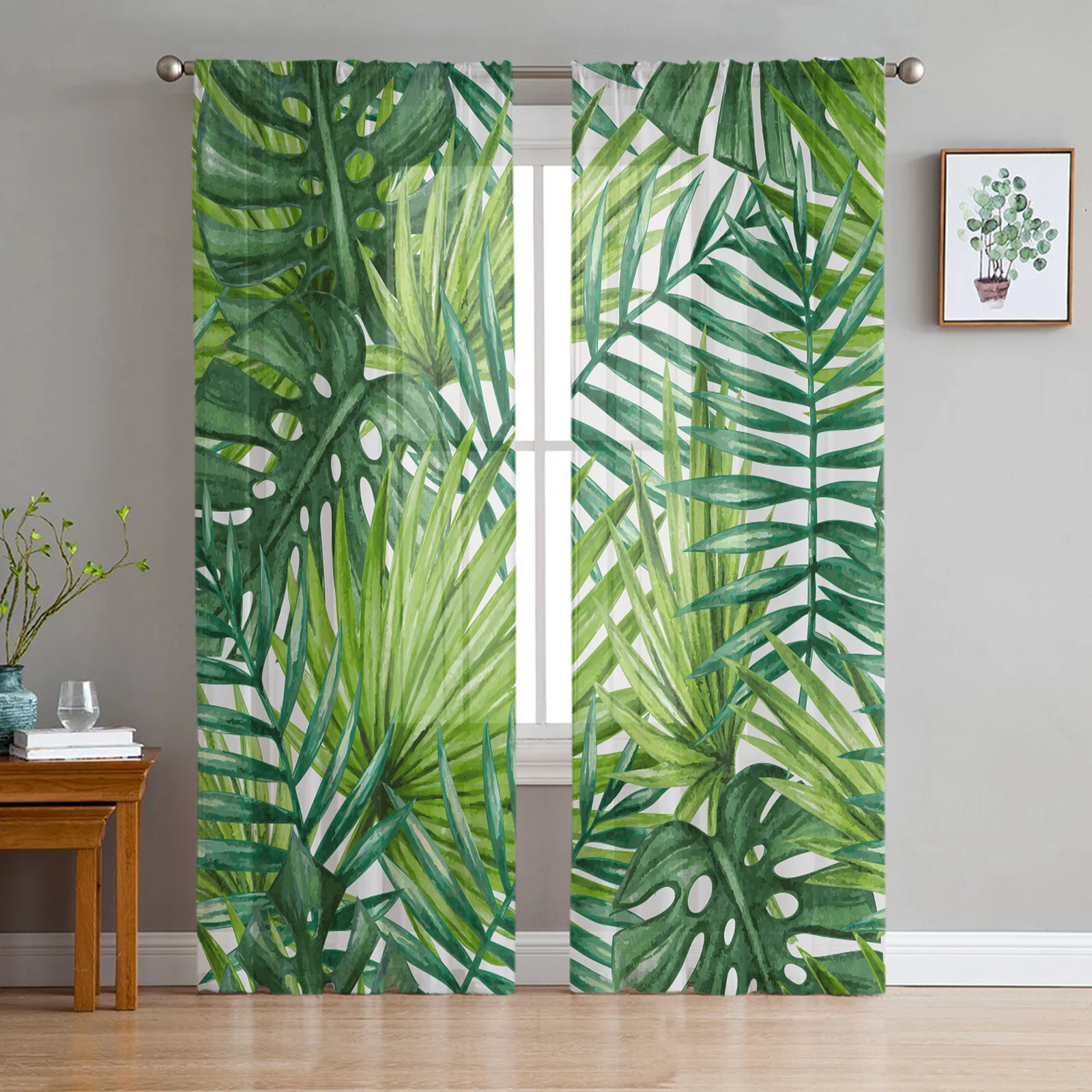 Plant Green Rattan Leaves White Chiffon Sheer Curtains for Living Room ...