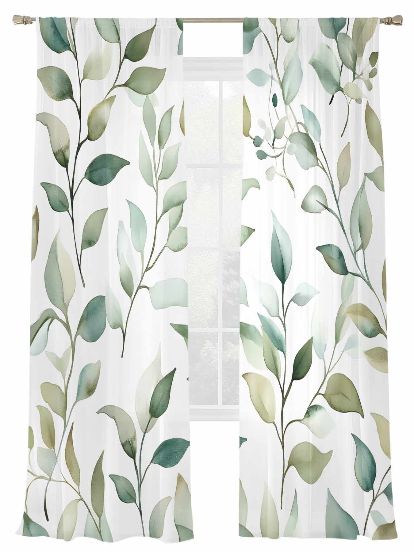 Plant Green Sheer Curtains 108 Inch Long 2 Panels, Farmhouse Eucalyptus ...