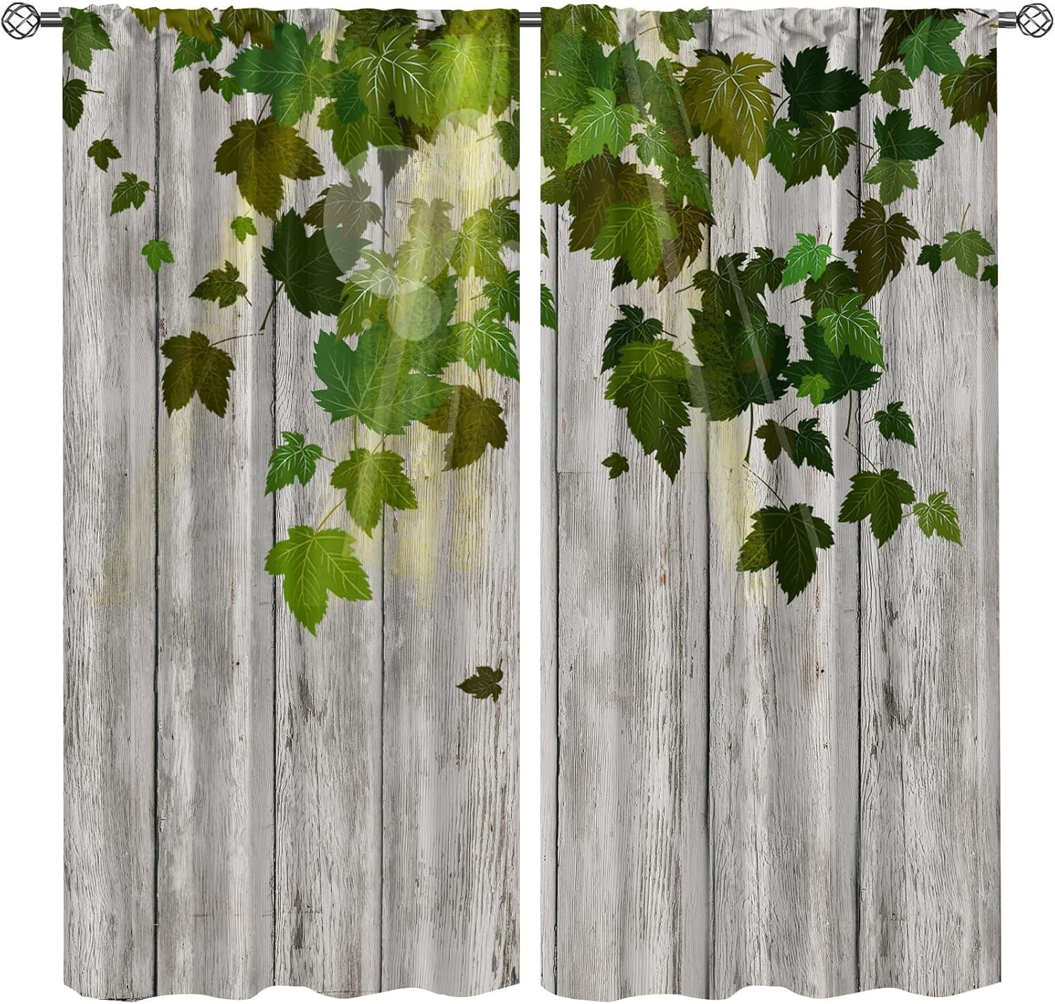 Plant Green Vines Leaves Soundproof Blackout Curtains, Rustic Wood ...