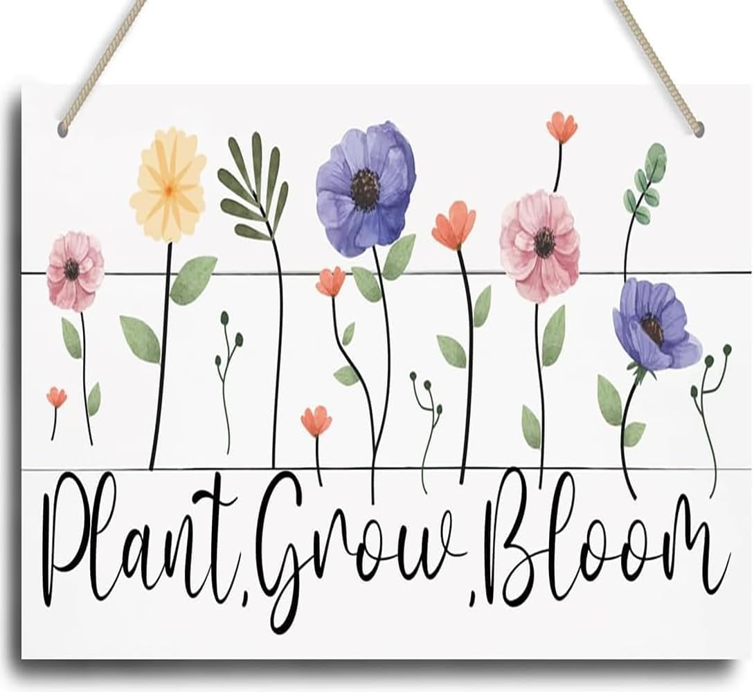 Plant Grow Bloom Wood Sign, Hanging Wood Plaque with Rope Spring ...