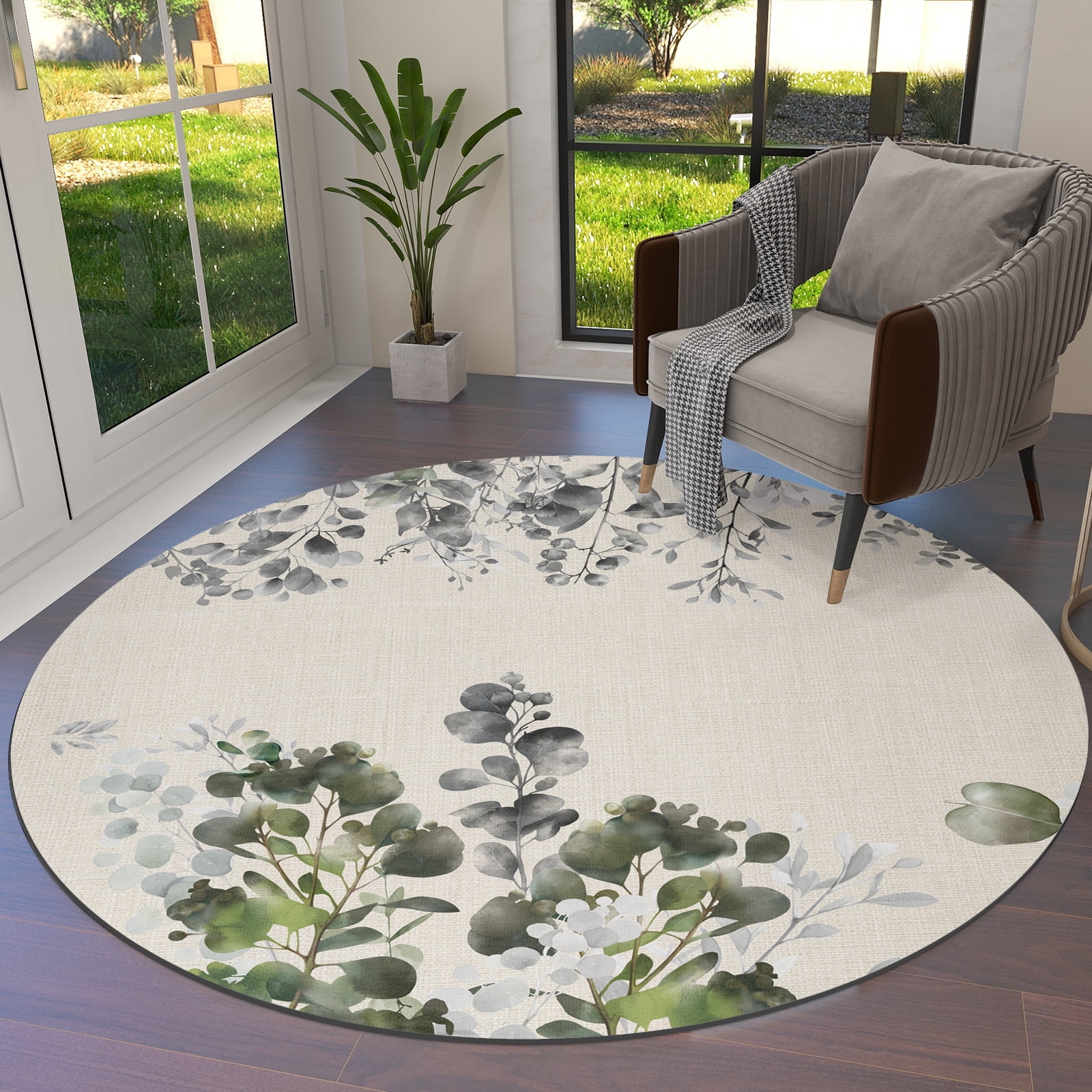 Plant Leaf Illustration Dark Green Round Area Rug Carpets For Living ...