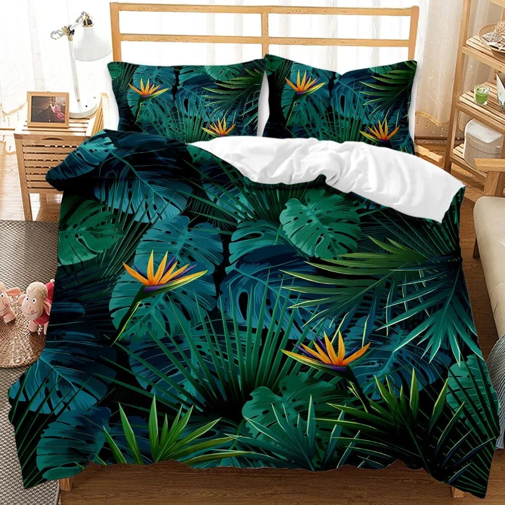 Plant Leaves Duvet Cover Set Tropical Rainforest Yellow and Dark Green ...