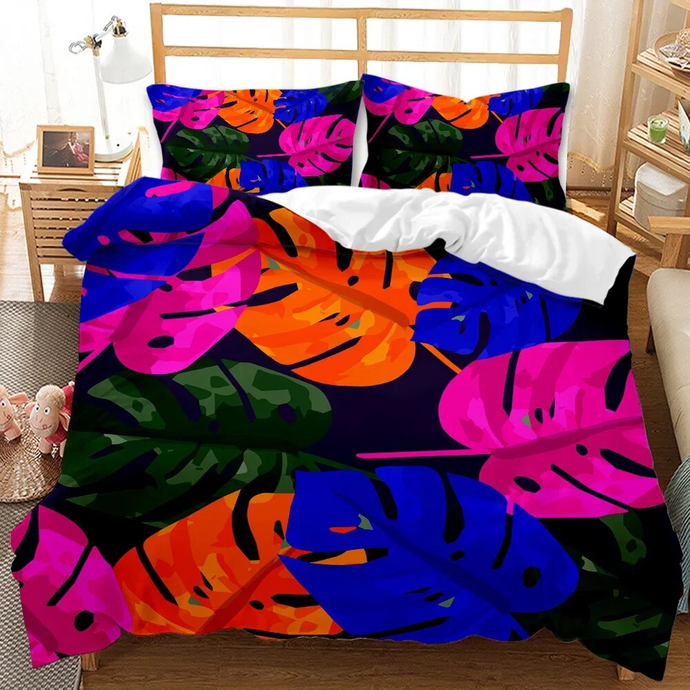 Plant Leaves Duvet Cover Set Tropical Rainforest Yellow and Dark Green ...