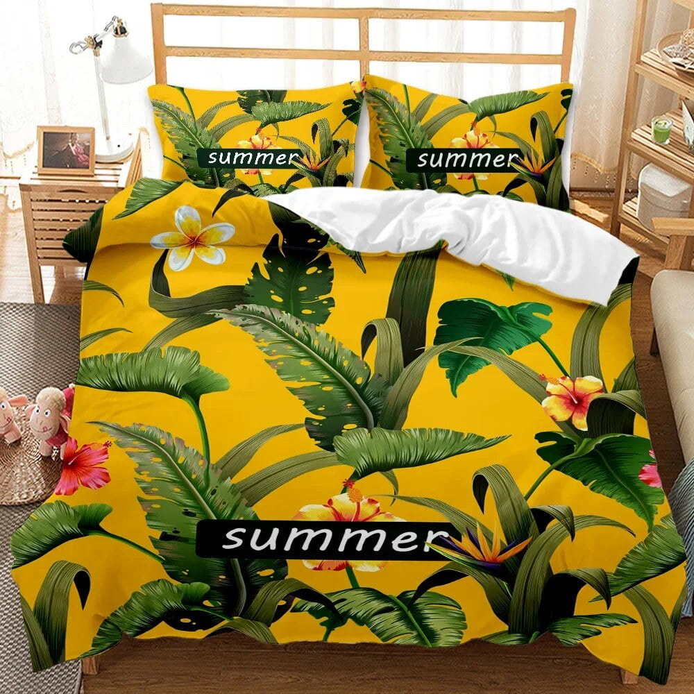 Plant Leaves Duvet Cover Set Tropical Rainforest Yellow and Dark Green ...
