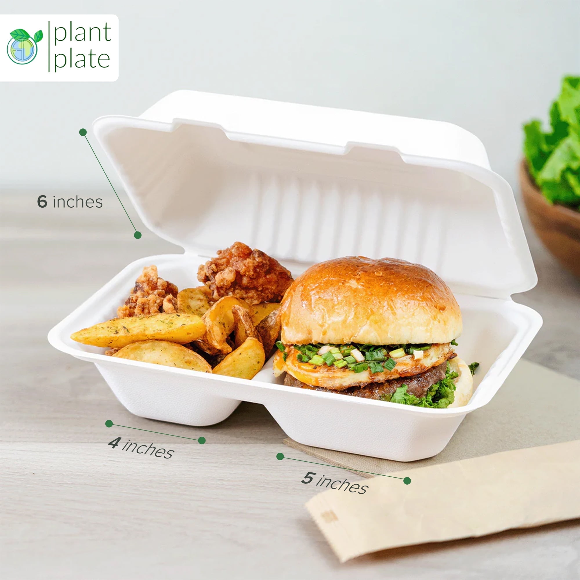 Plant Plate Compostable Takeout/to-Go Container, 9x6 Clamshell with 2 ...