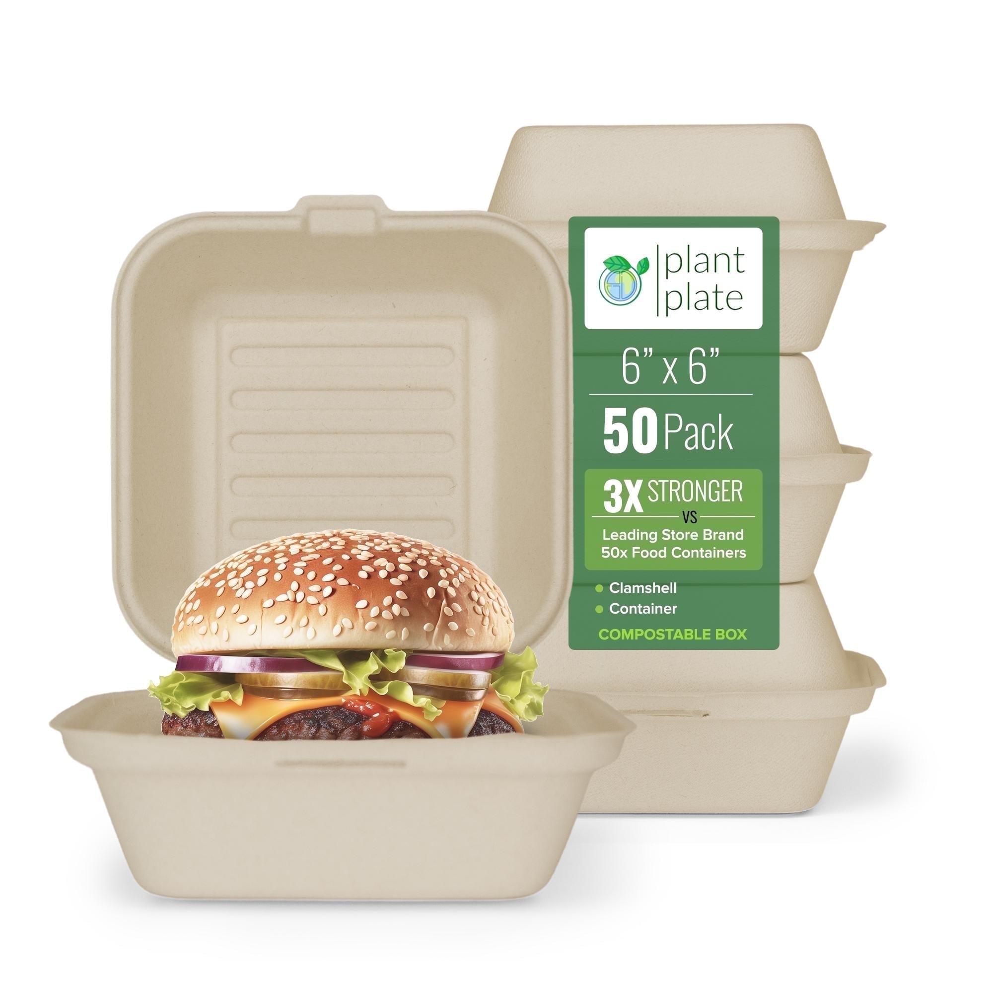 Plant Plates 50 Count Disposable 6x6 Clamshell Takeout Container, Heavy ...