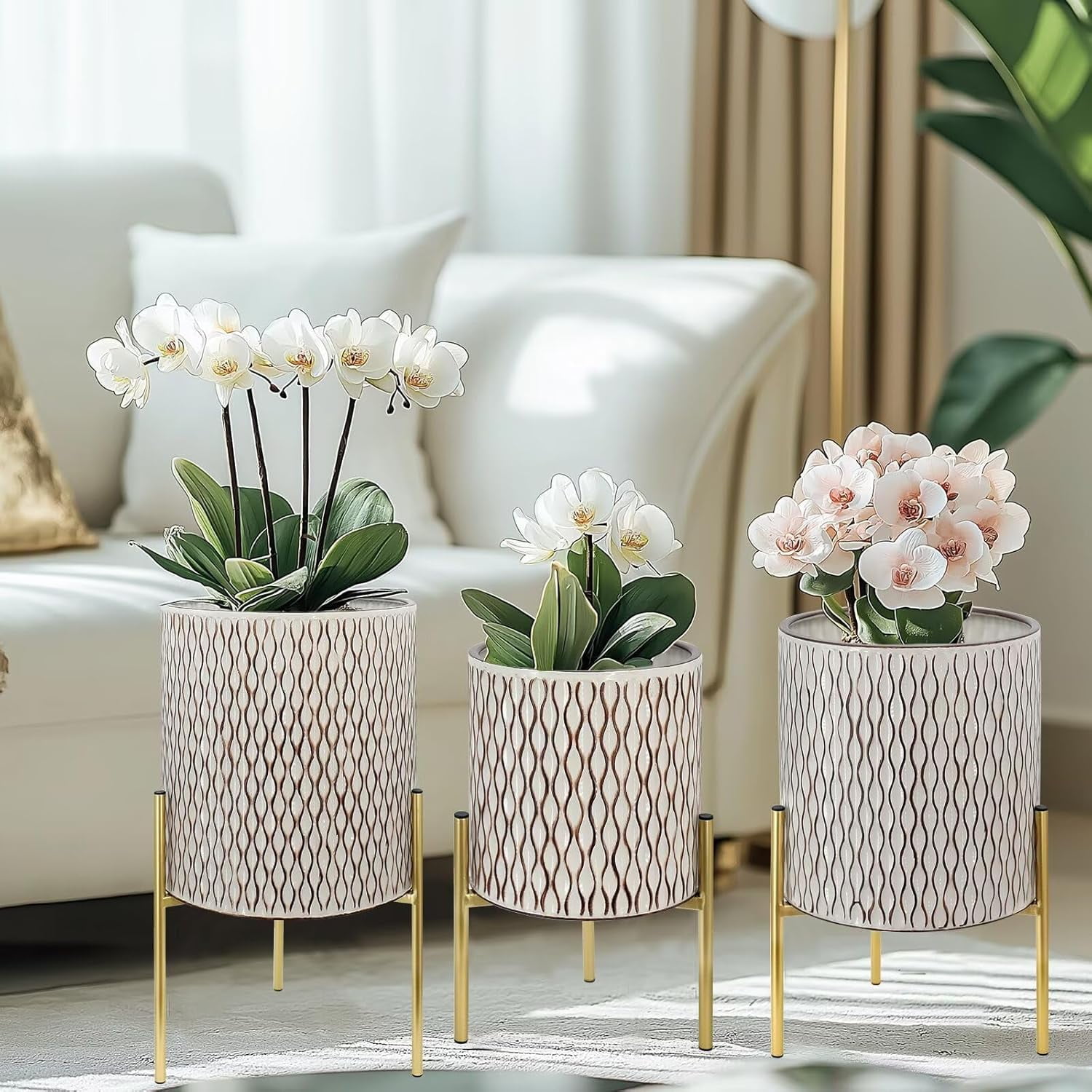 Plant Pots with Stands, Set of 3 - Indoor Flower Pots with Drain Holes ...