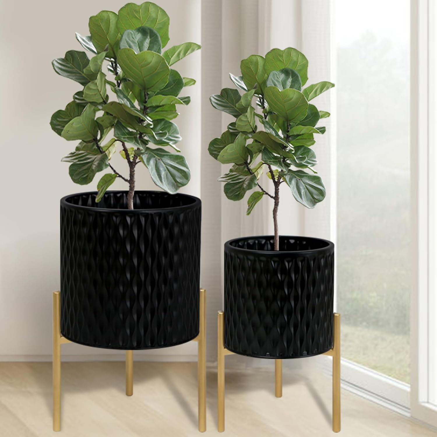 Plant Pots with Stand, Set of 2 Planters, Unique Mid Century Decorative ...
