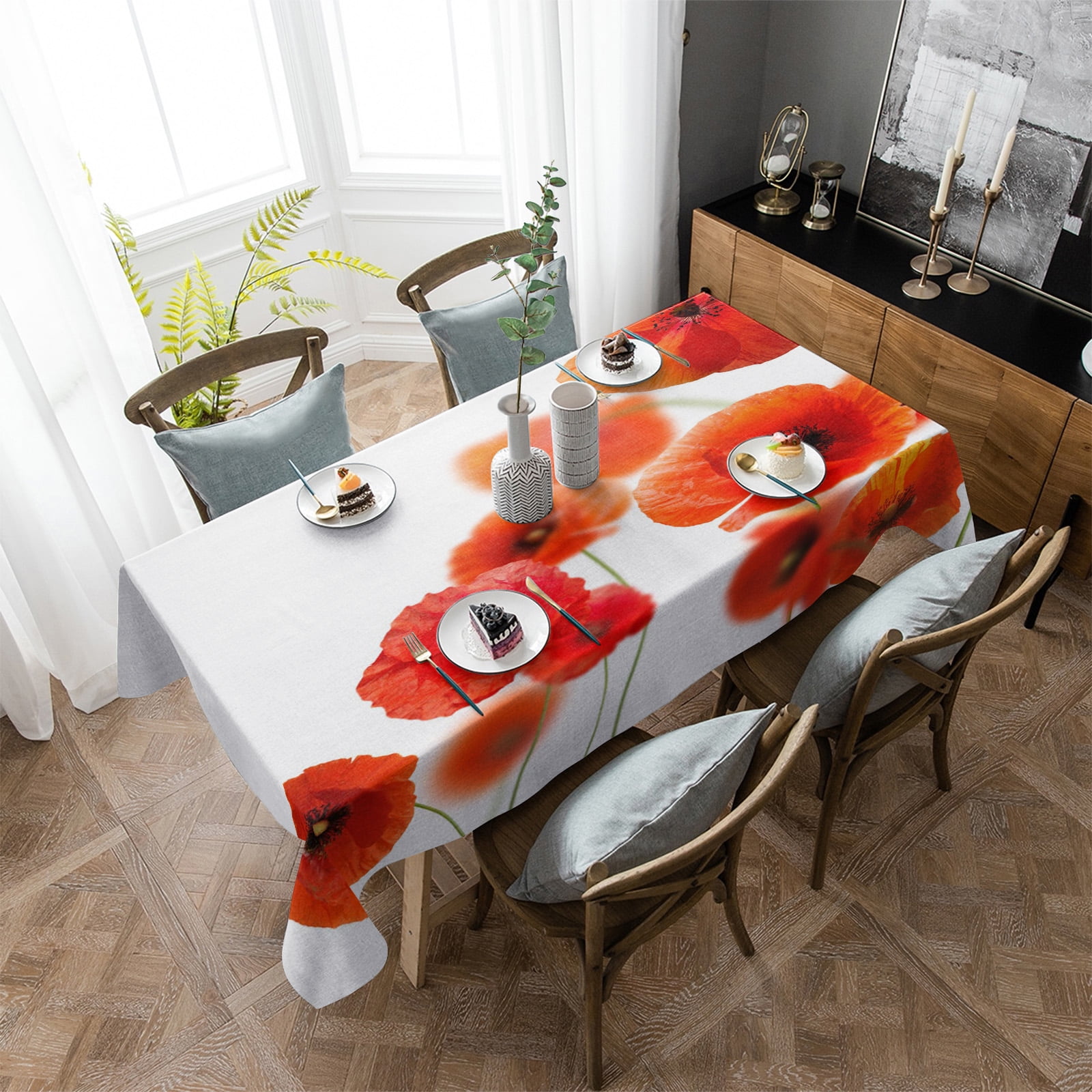 Plant Red Poppy Flower White Tablecloths for Dining Table Waterproof Rectangular Table Cover for ...