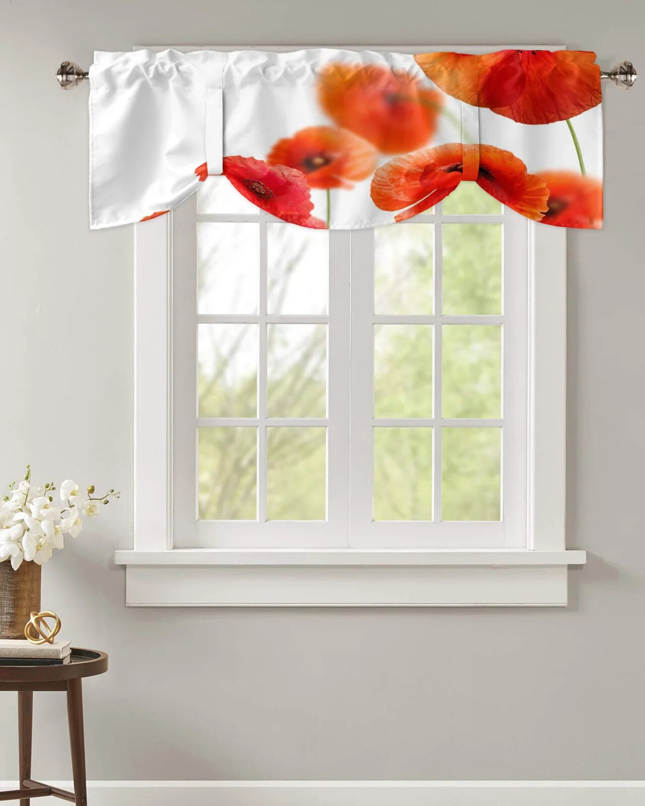 Plant Red Poppy Flower White Window Curtain Kitchen Cabinet Coffee Tie ...