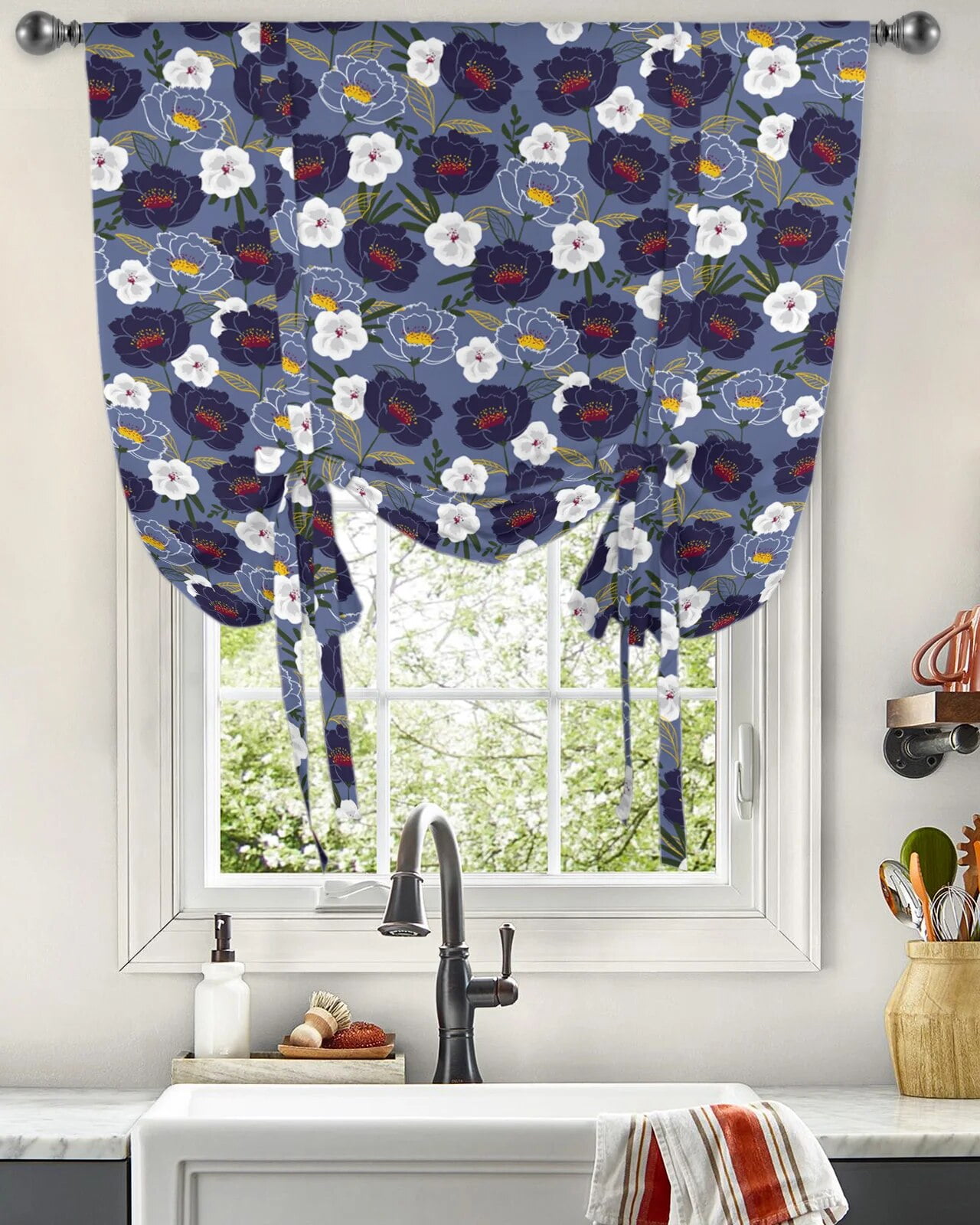 Plant Retro Flower Curtain for Living Room Kitchen Tie-up Short ...