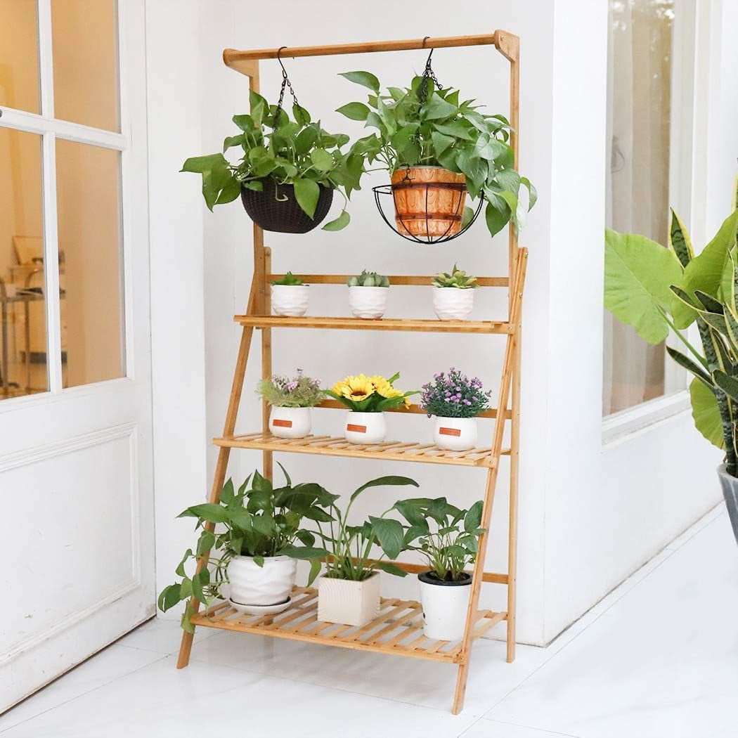 Plant Shelf, 3 Tier Bamboo Hanging Plant Stand, Foldable Display Plants ...