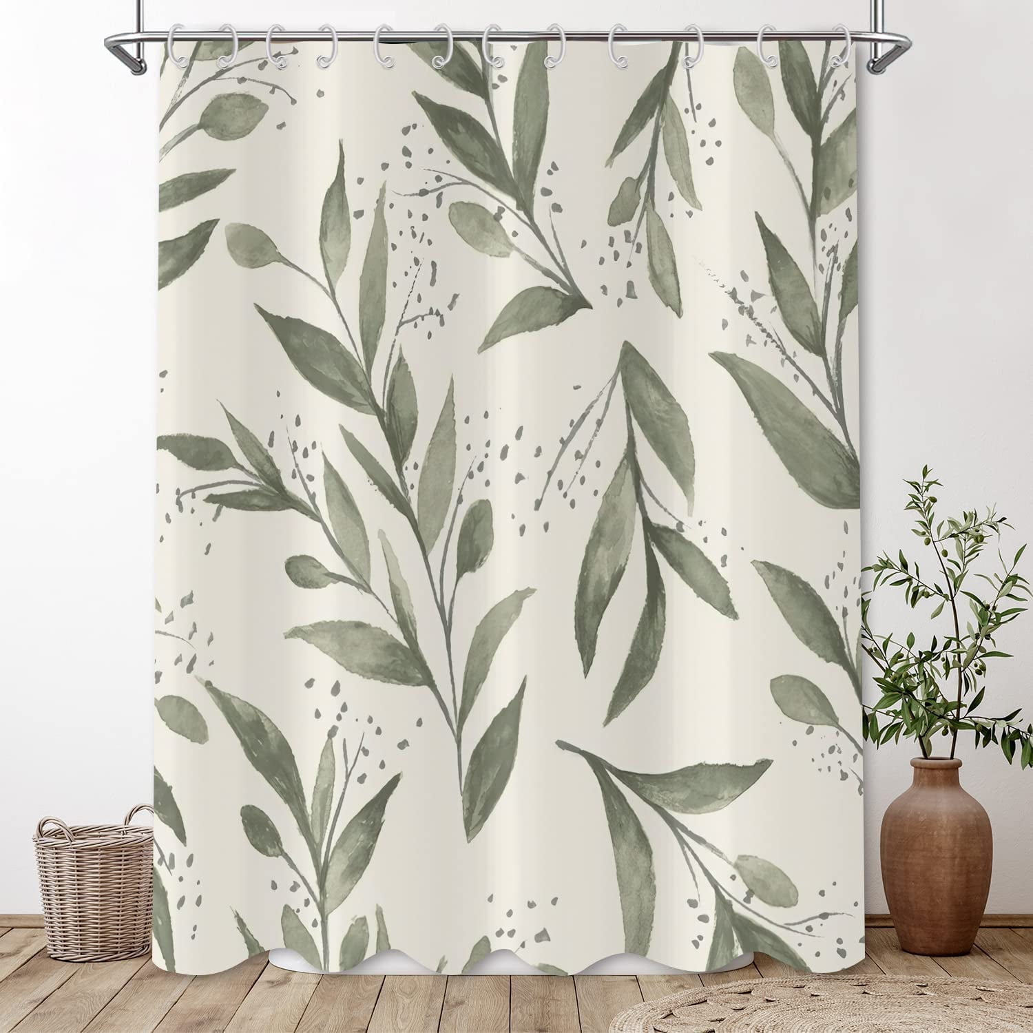Plant Shower Curtain, Green Leaves Eucalyptus Leaf Watercolor Pattern ...