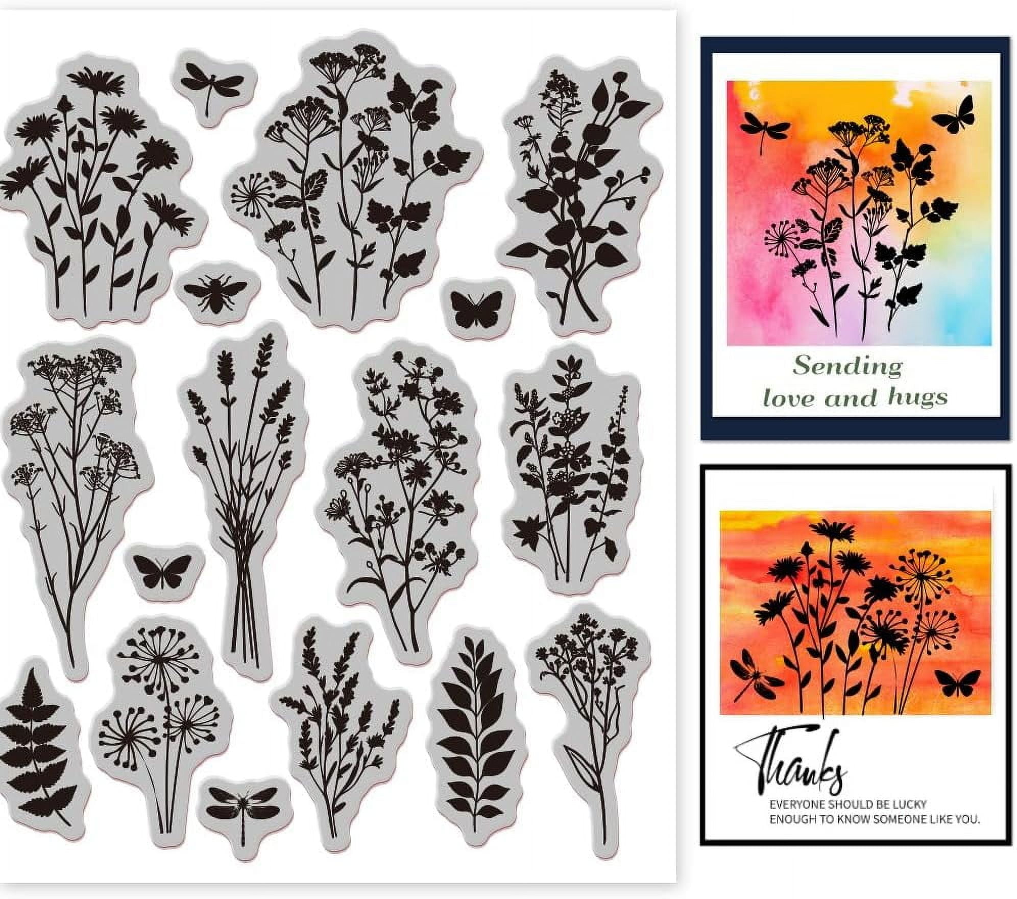 Plant Silhouette Background Cling Rubber Stamp 7.09x8.66inch Flowers ...
