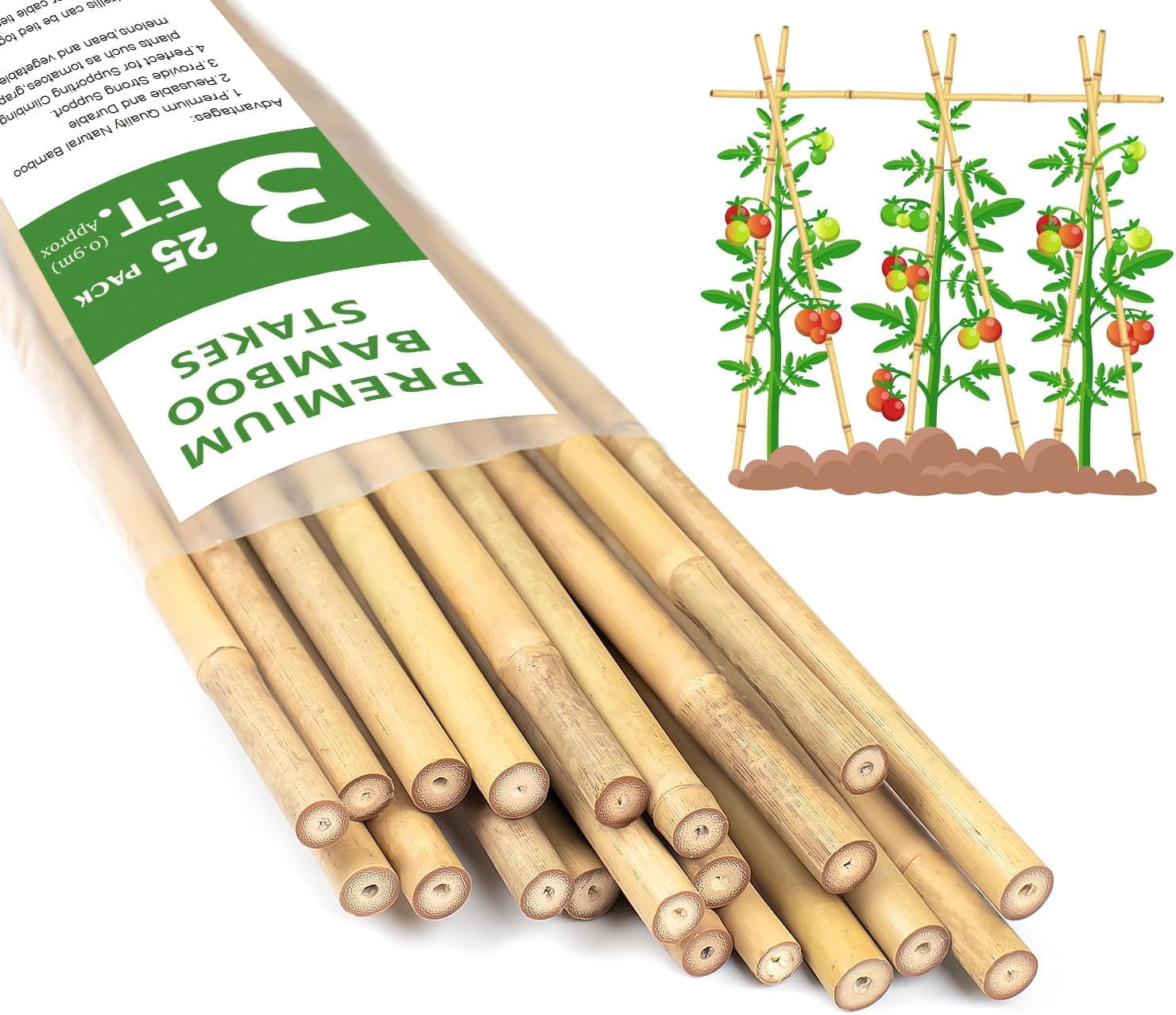Plant Stakes 3FT, Natural Bamboo Stakes, 25Pcs Sturdy Bamboo Garden ...